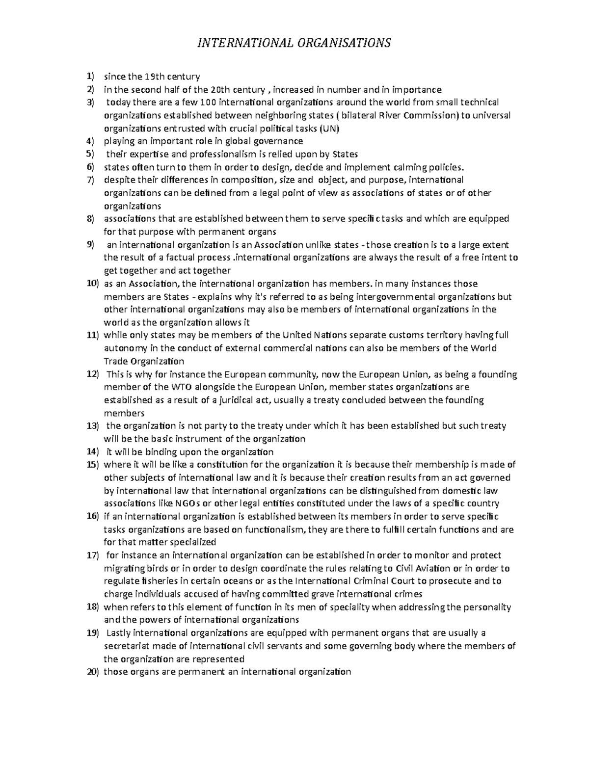 INT ORG Notes - INTERNATIONAL ORGANISATIONS since the 19th century in ...