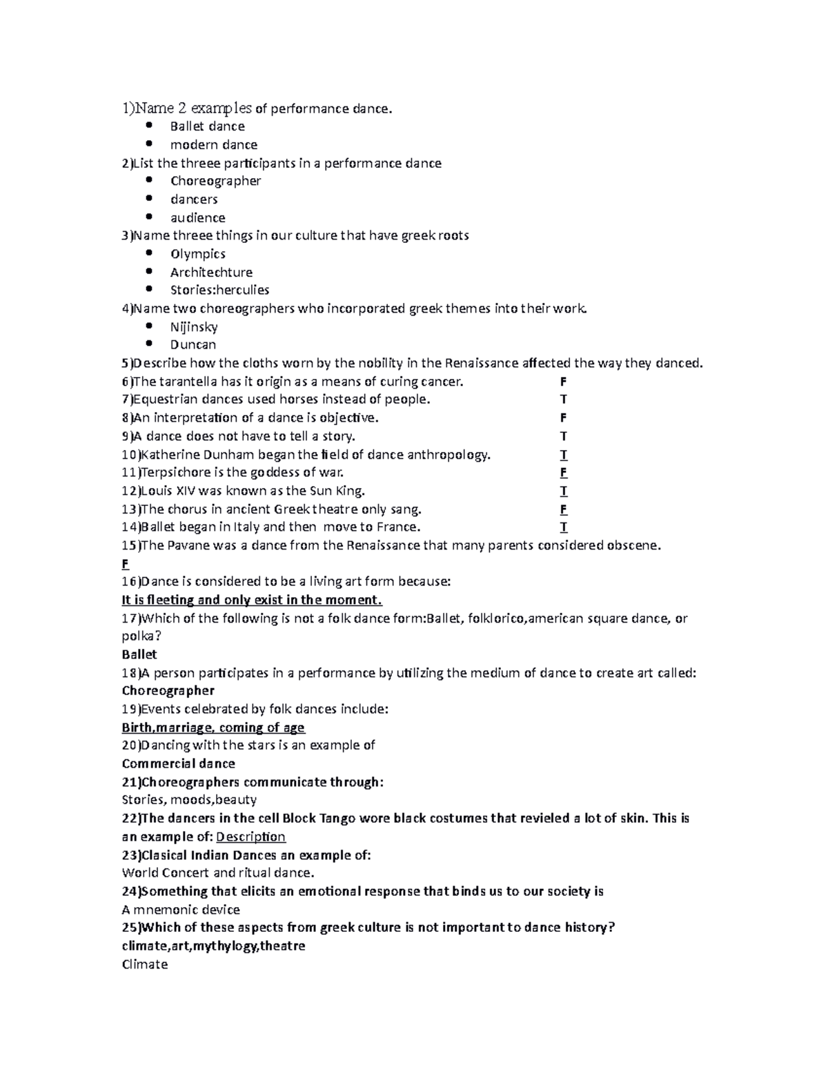 DAN173 - Final Review - 1)Name 2 examples of performance dance ...