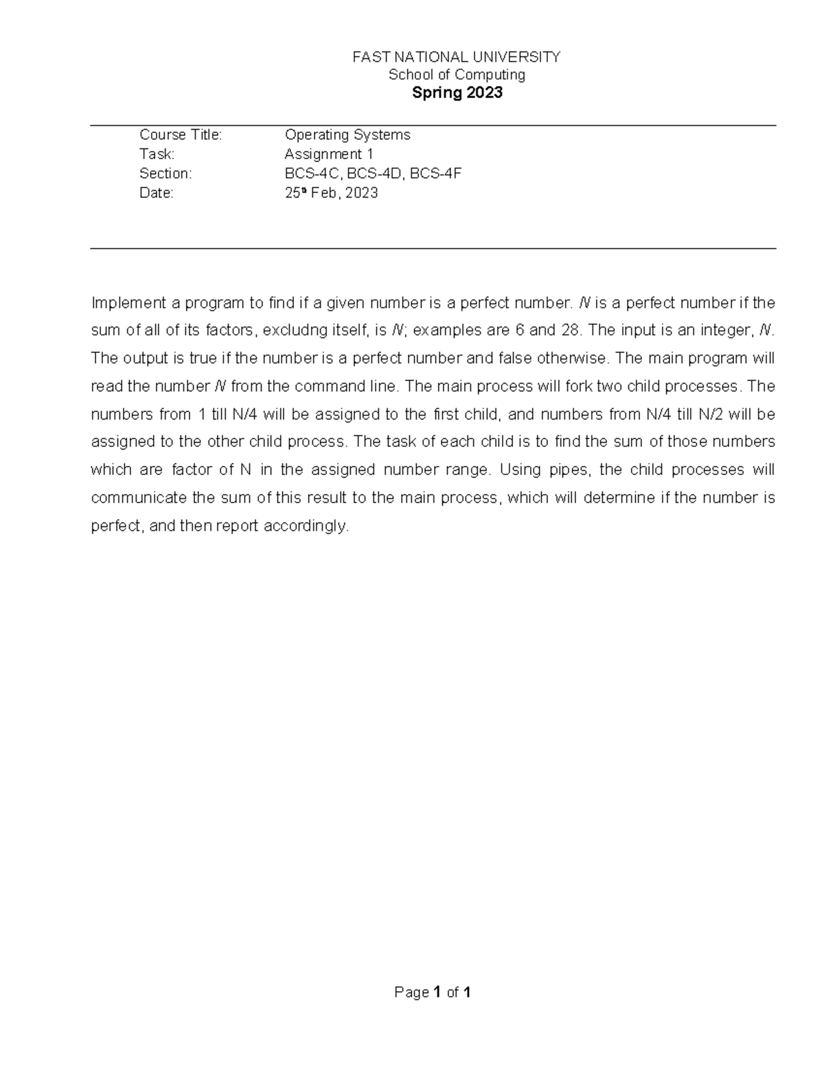 OS Assignment 1 - FAST NATIONAL UNIVERSITY School of Computing Spring ...