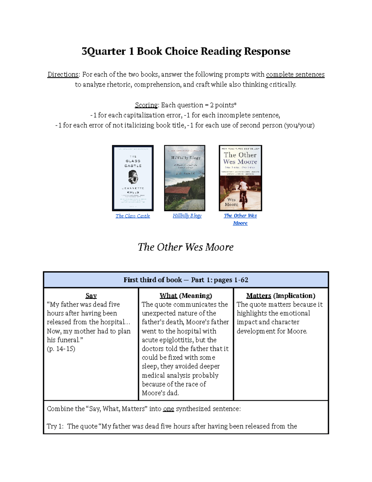 Reading Response for "The Other Wes Moore" - 3Quarter 1 Book Choice ...