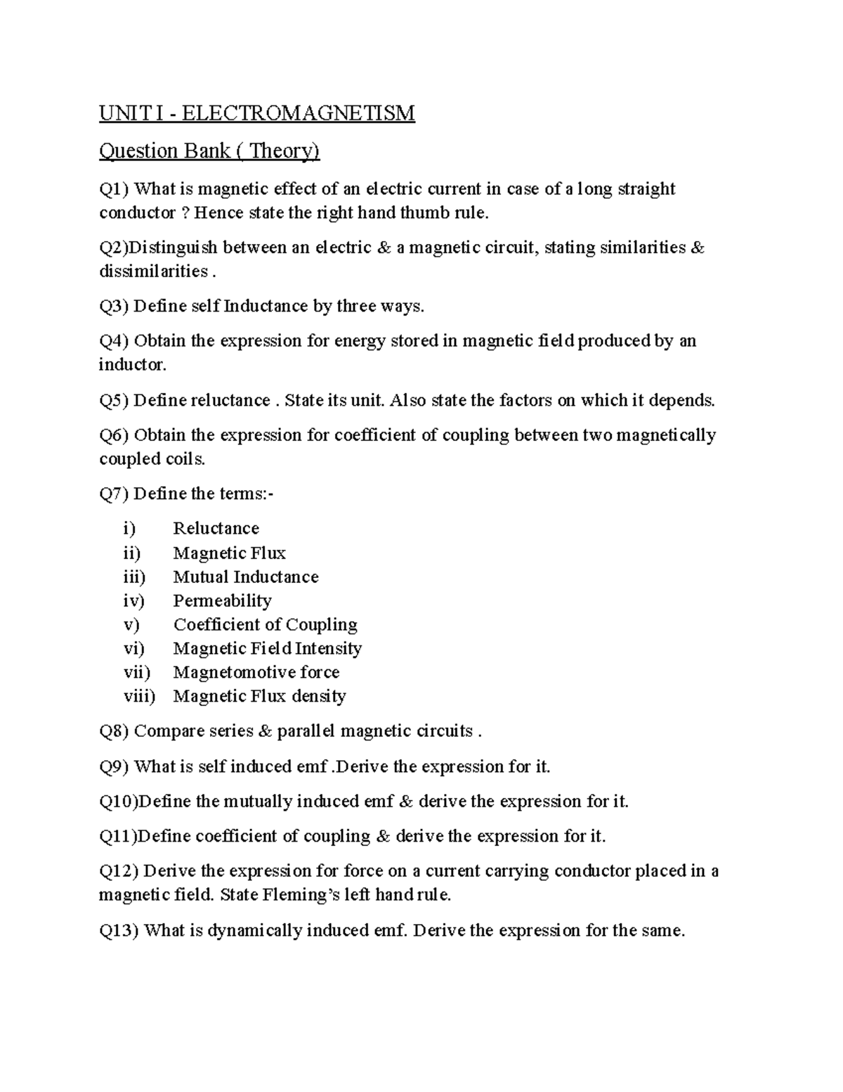 UNIT I-Theory question bank - UNIT I - ELECTROMAGNETISM Question Bank ...
