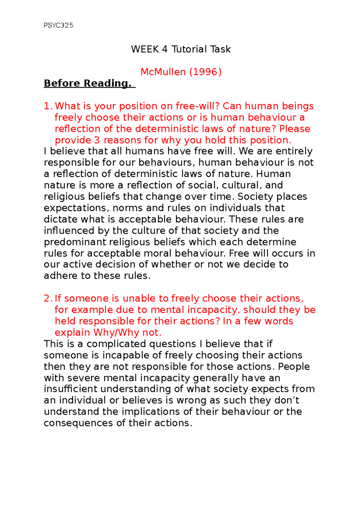 WEEK 4 Tutorial questions - PSYC WEEK 4 Tutorial Task McMullen (1996) Before Reading. 1. What is ...