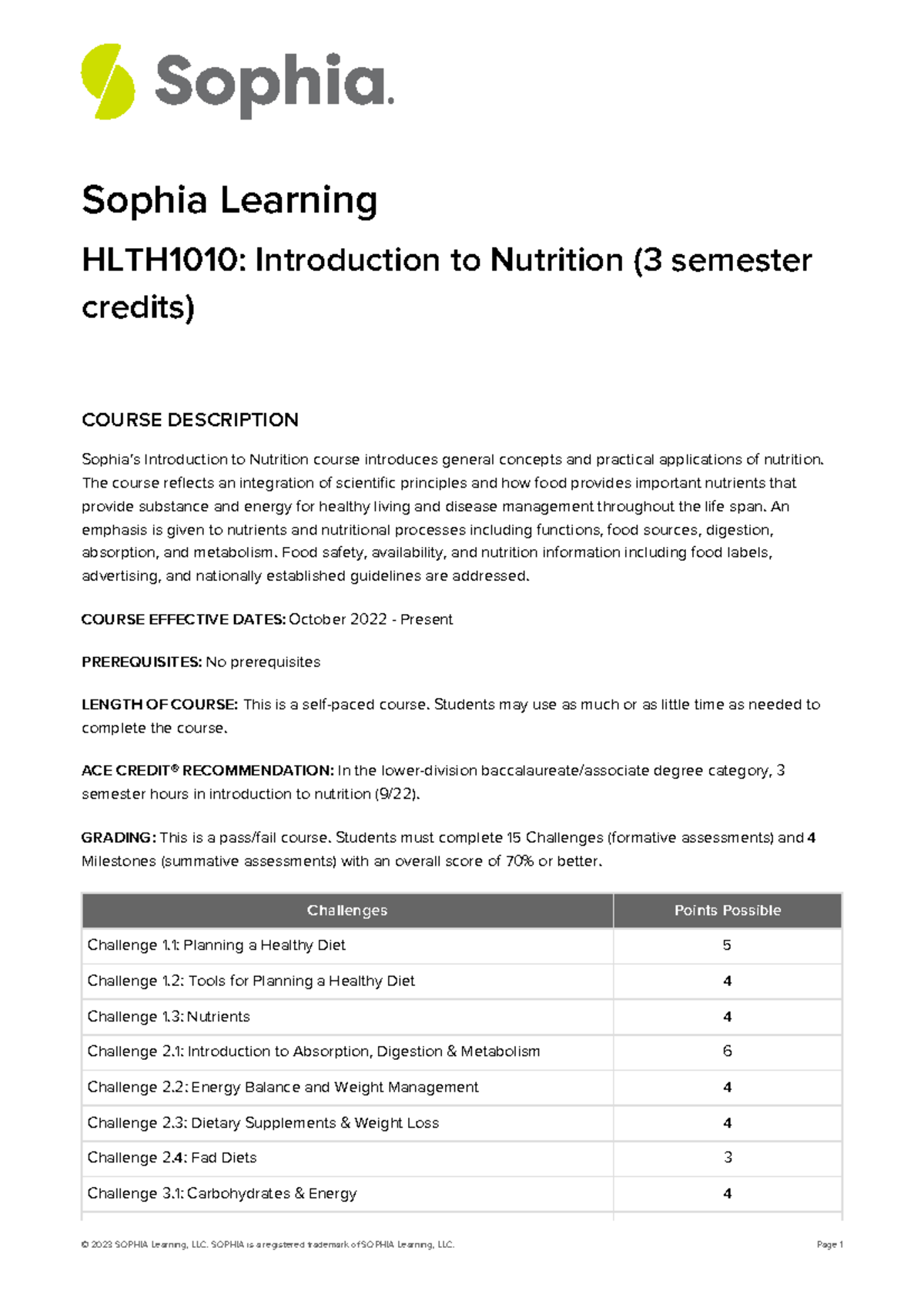 Sophia introduction to nutrition syllabus - Sophia Learning HLTH1010 ...