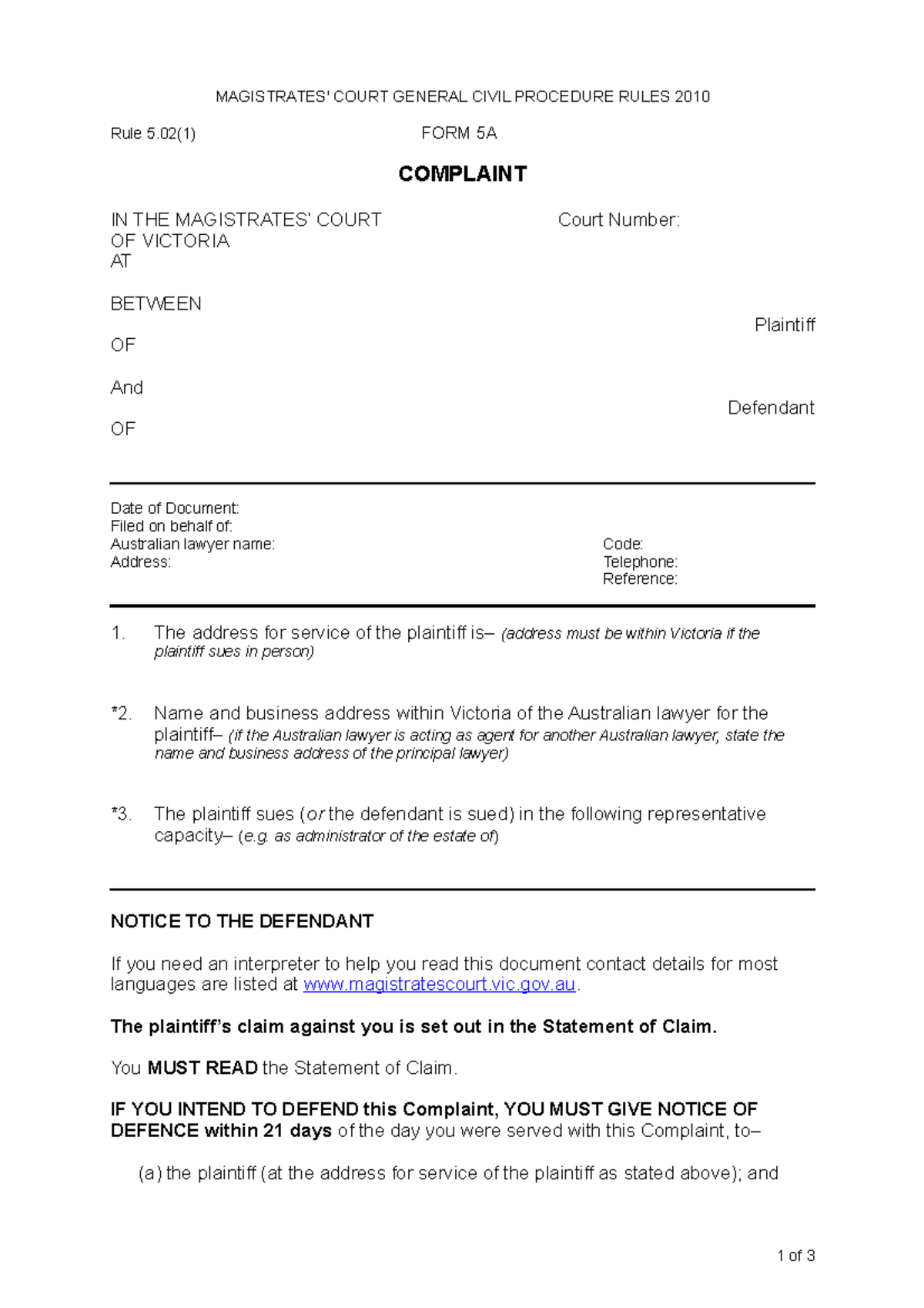 MCV Complaint Form 5A civil procedure - Law307 - UVic - StuDocu