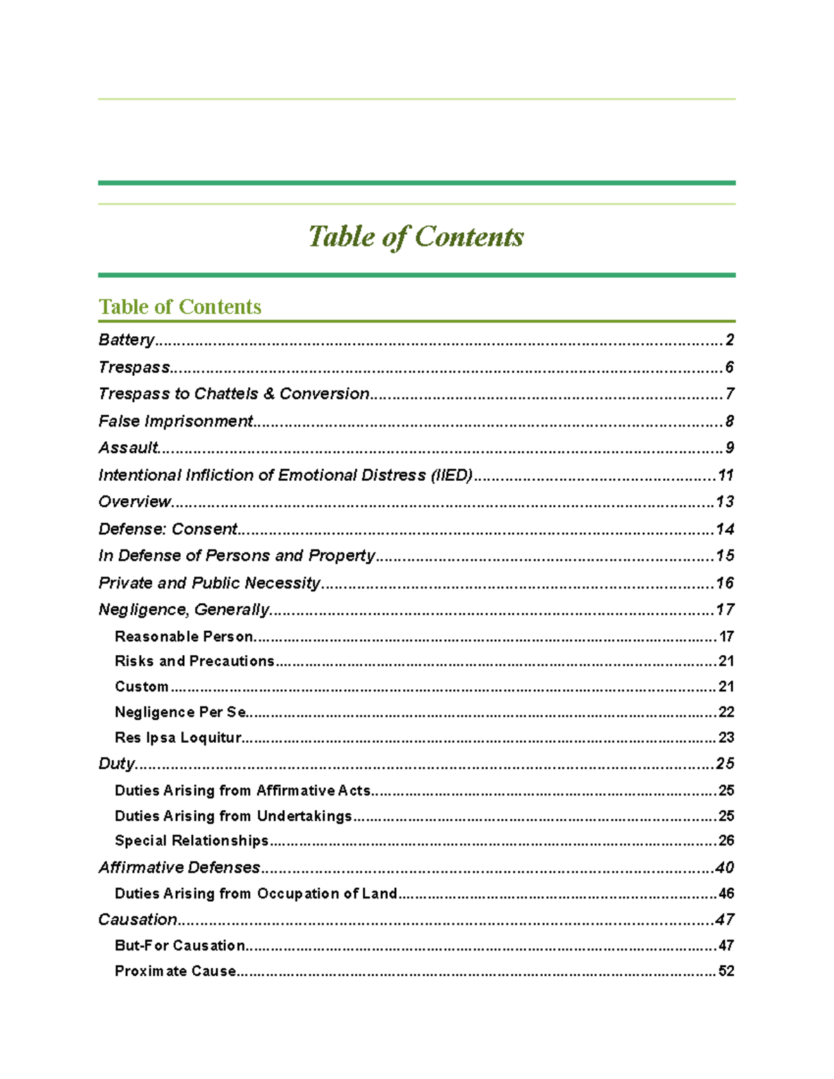 Torts Outline Updated TOC - Table of Contents - Studocu