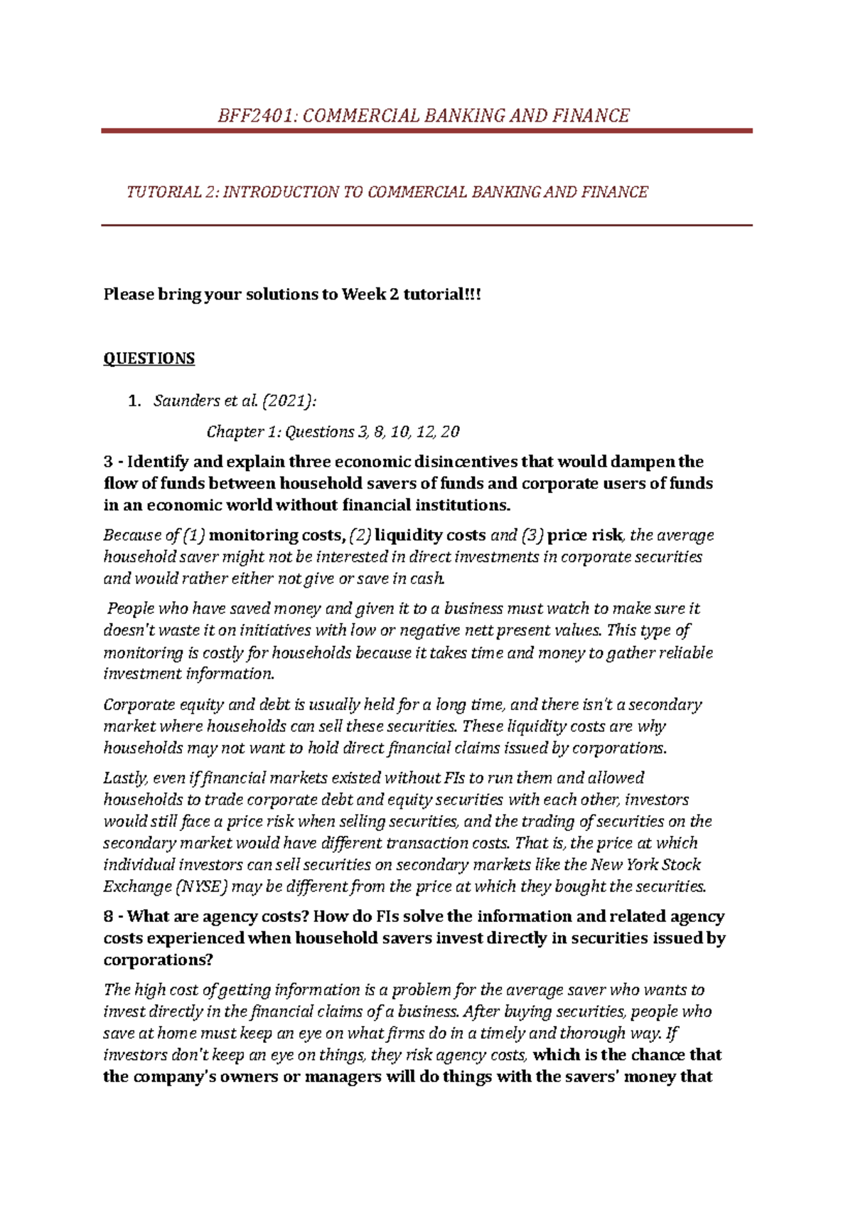 Tutorial questions - week 2 - BFF2401: COMMERCIAL BANKING AND FINANCE TUTORIAL 2: INTRODUCTION ...