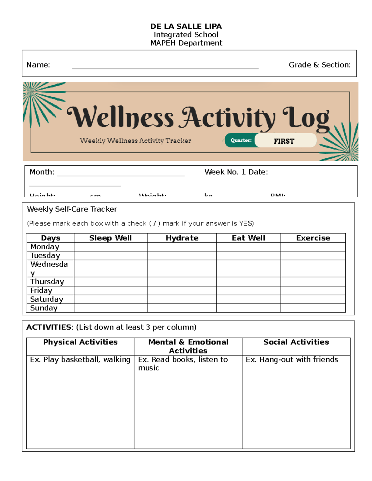 Wellness Activity Log - DE LA SALLE LIPA Integrated School MAPEH ...