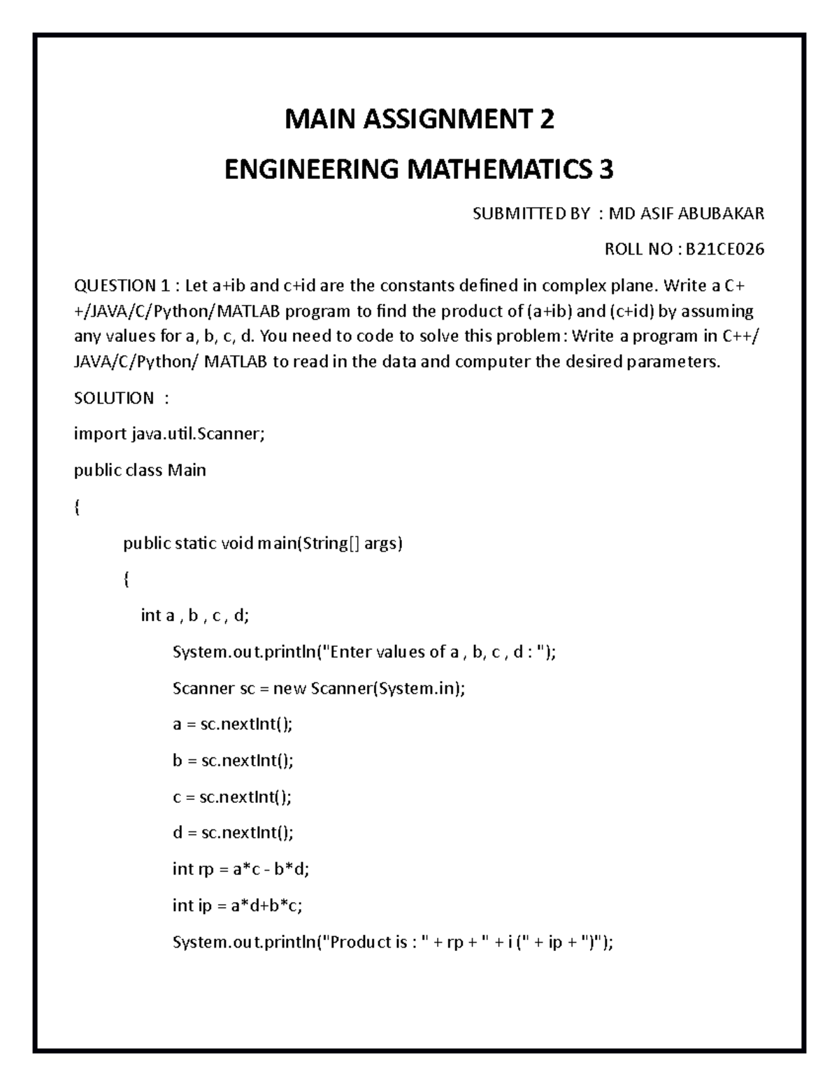 EM3 MA2 - important notes - MAIN ASSIGNMENT 2 ENGINEERING MATHEMATICS 3 ...