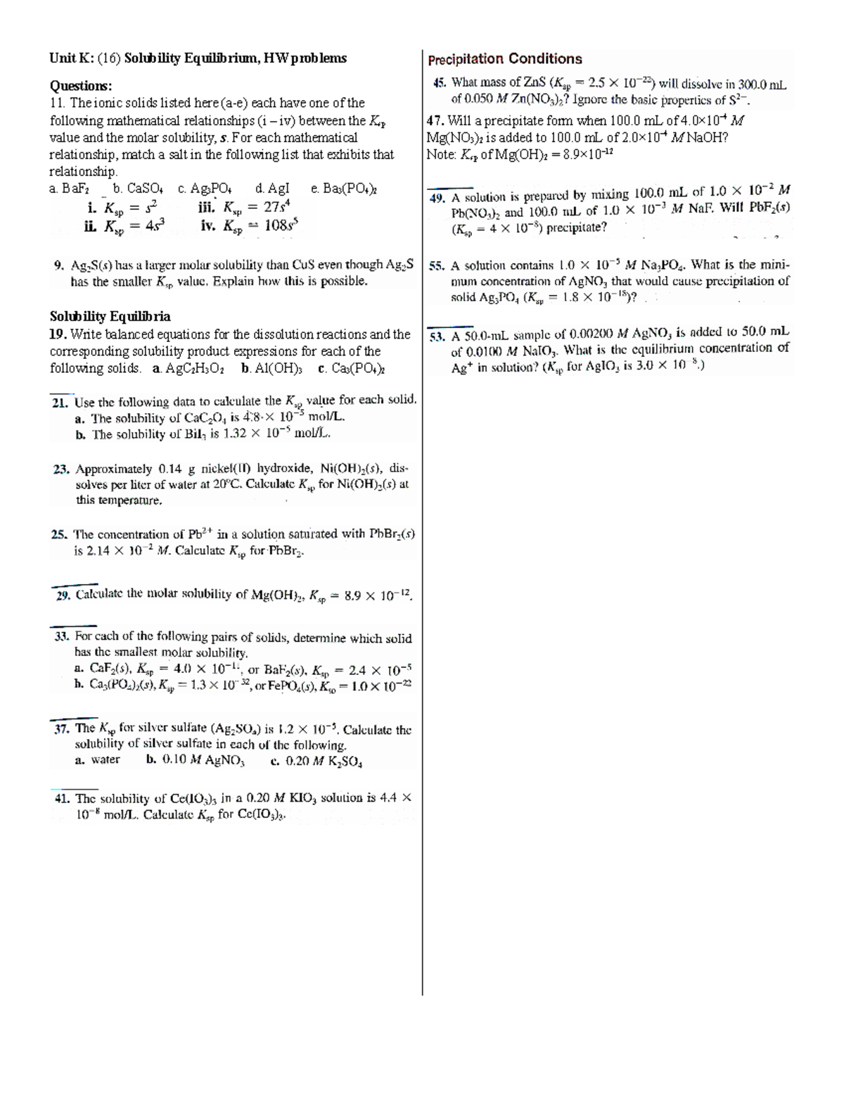 [UNIT K] HW - Chemistry Practice. - Unit K: (16) Solubility Equilibrium ...