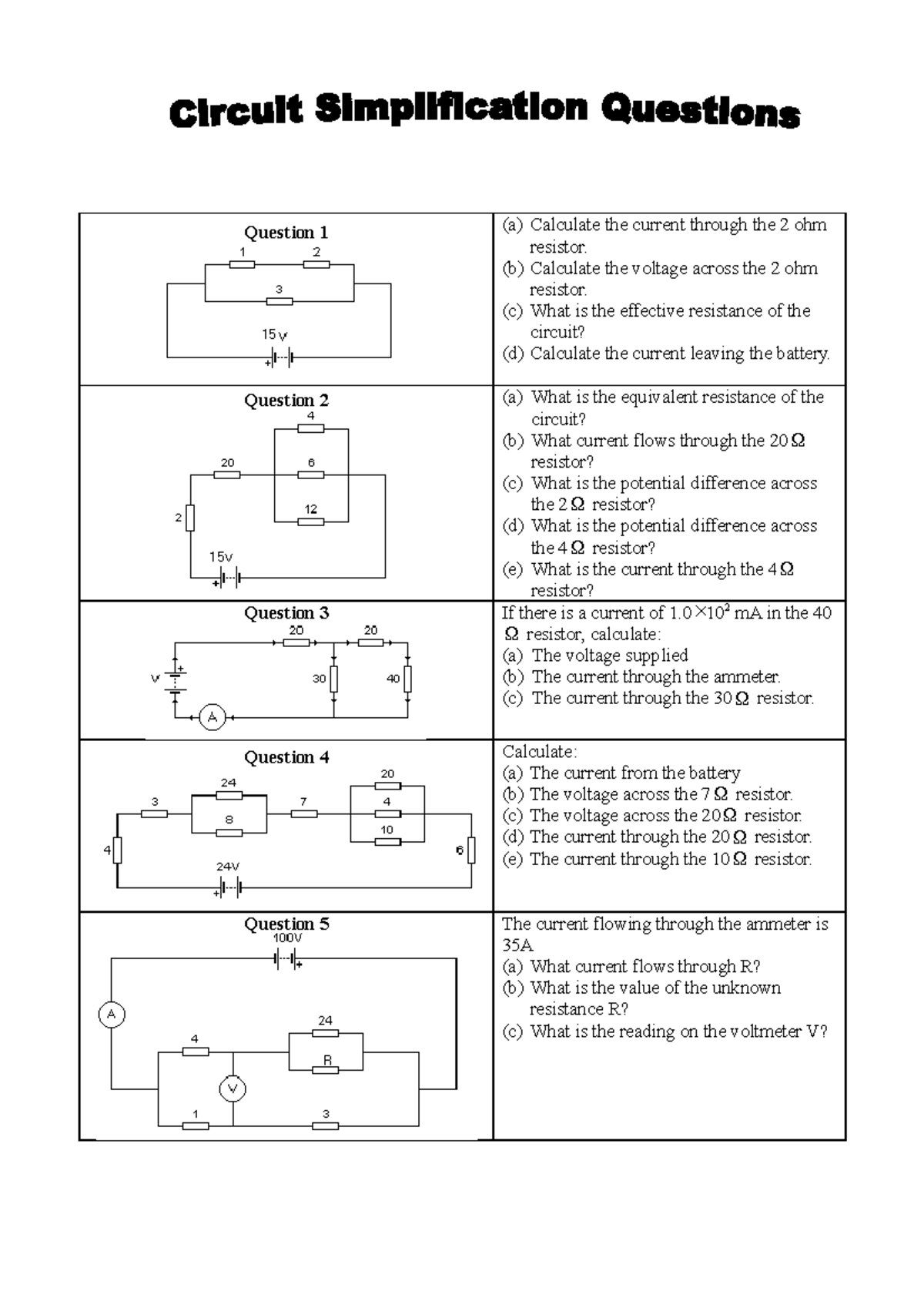 Circuit simplification questions plus answers - Question 1 (a ...