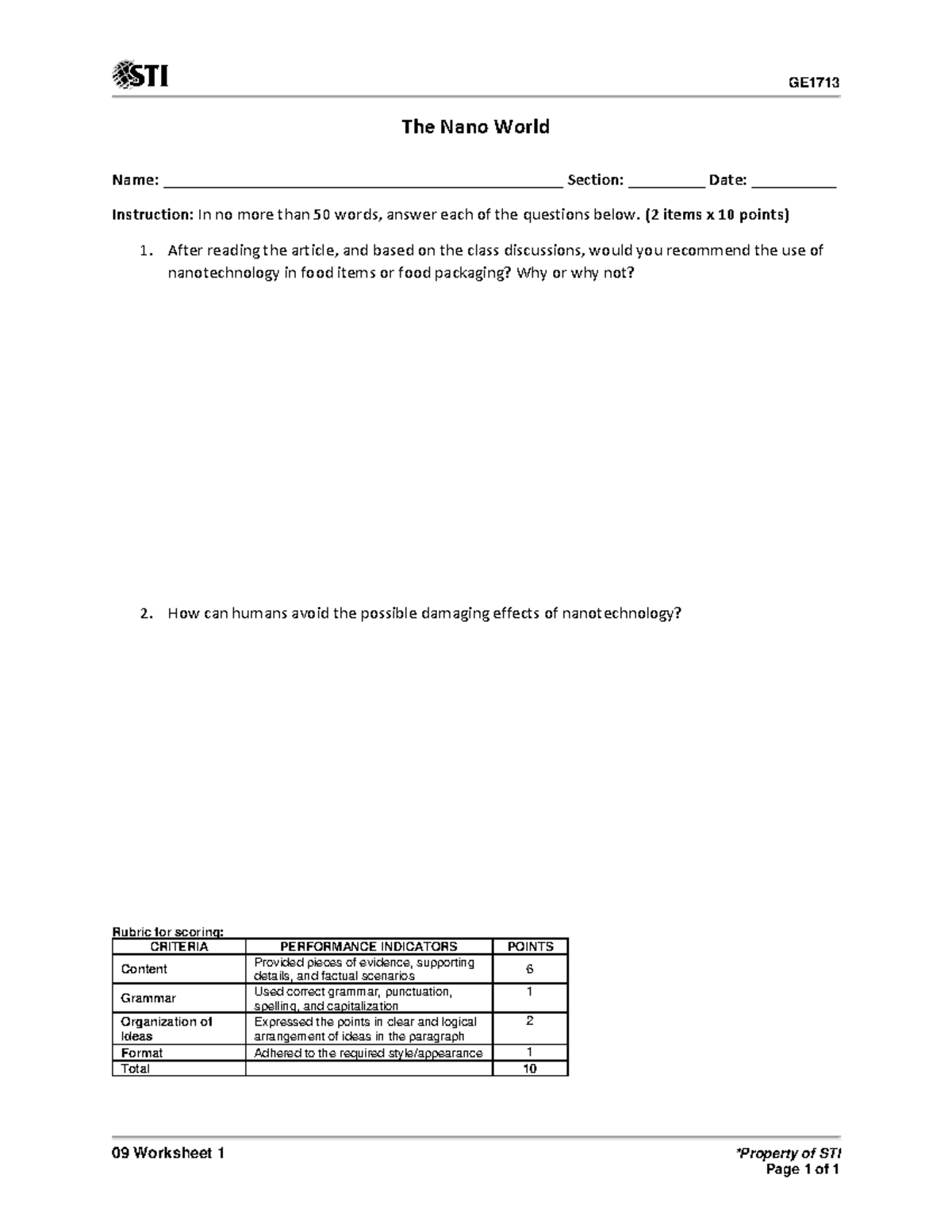 09-Worksheet-1 The Nano World - GE 09 Worksheet 1 *Property of STI Page ...