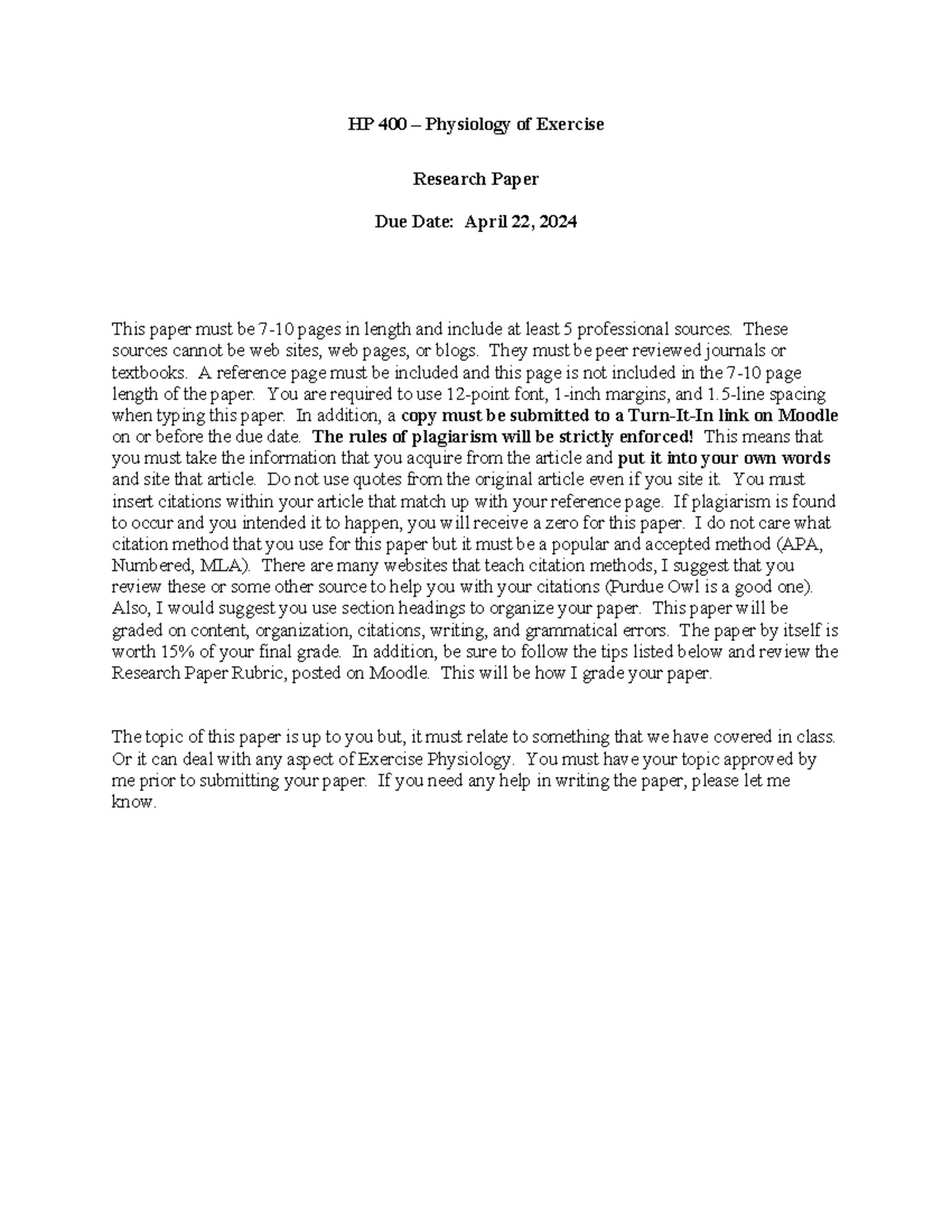 HP 400 - Research Paper Directions - HP 400 – Physiology of Exercise ...