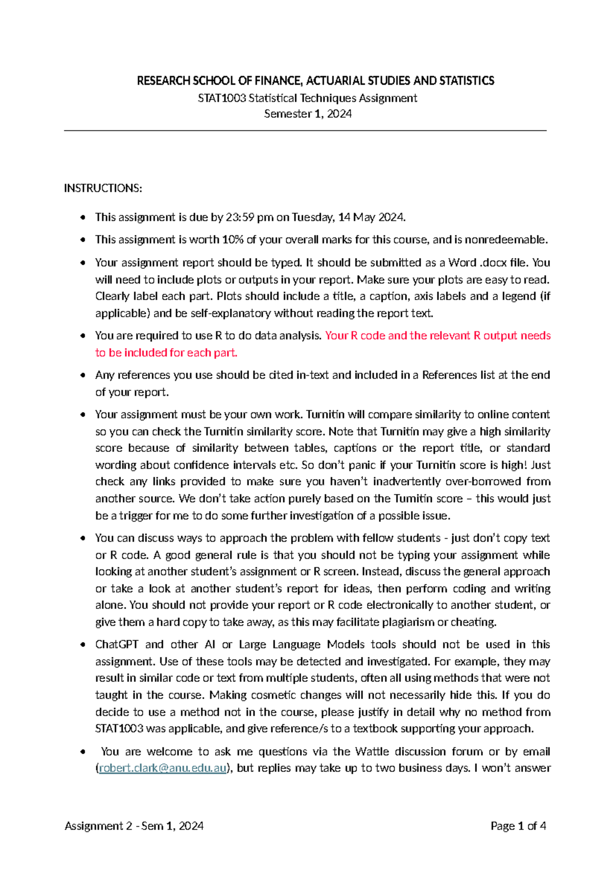 Assignment STAT1003 2024 - RESEARCH SCHOOL OF FINANCE, ACTUARIAL STUDIES AND STATISTICS STAT1003 ...