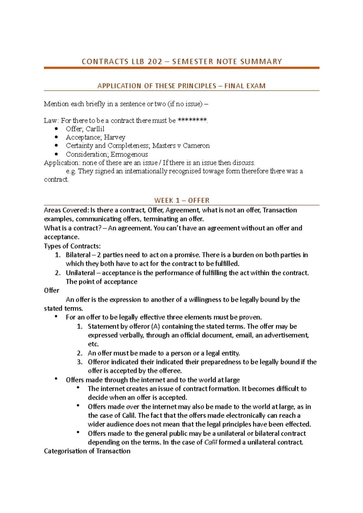 Contracts Summary Week 1-3 2022 - CONTRACTS LLB 202 – SEMESTER NOTE SUMMARY APPLICATION OF THESE ...