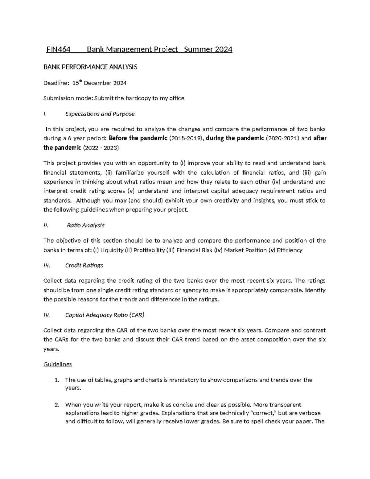 FIN464 Bank Management Project Summer 2024 - Expectations and Purpose ...