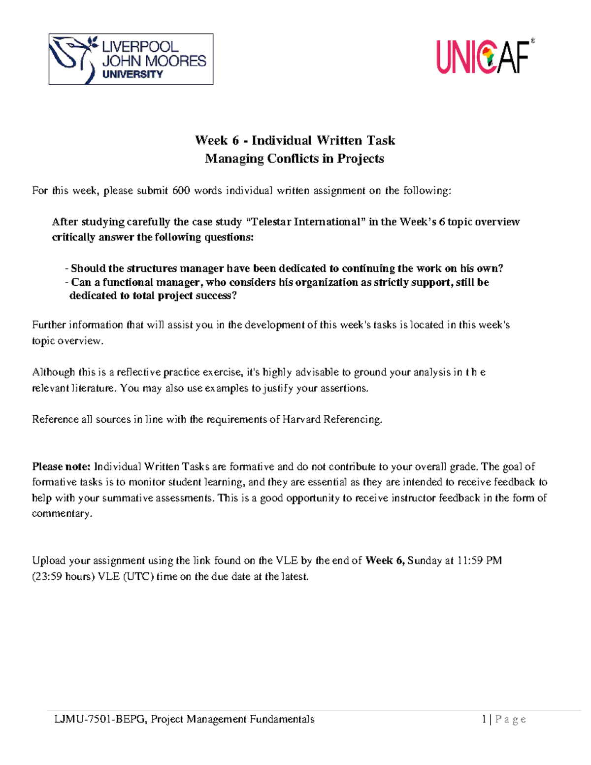 Individual Written Task - Brief - Week 6 - LJMU- 7501 - BEPG, Project ...