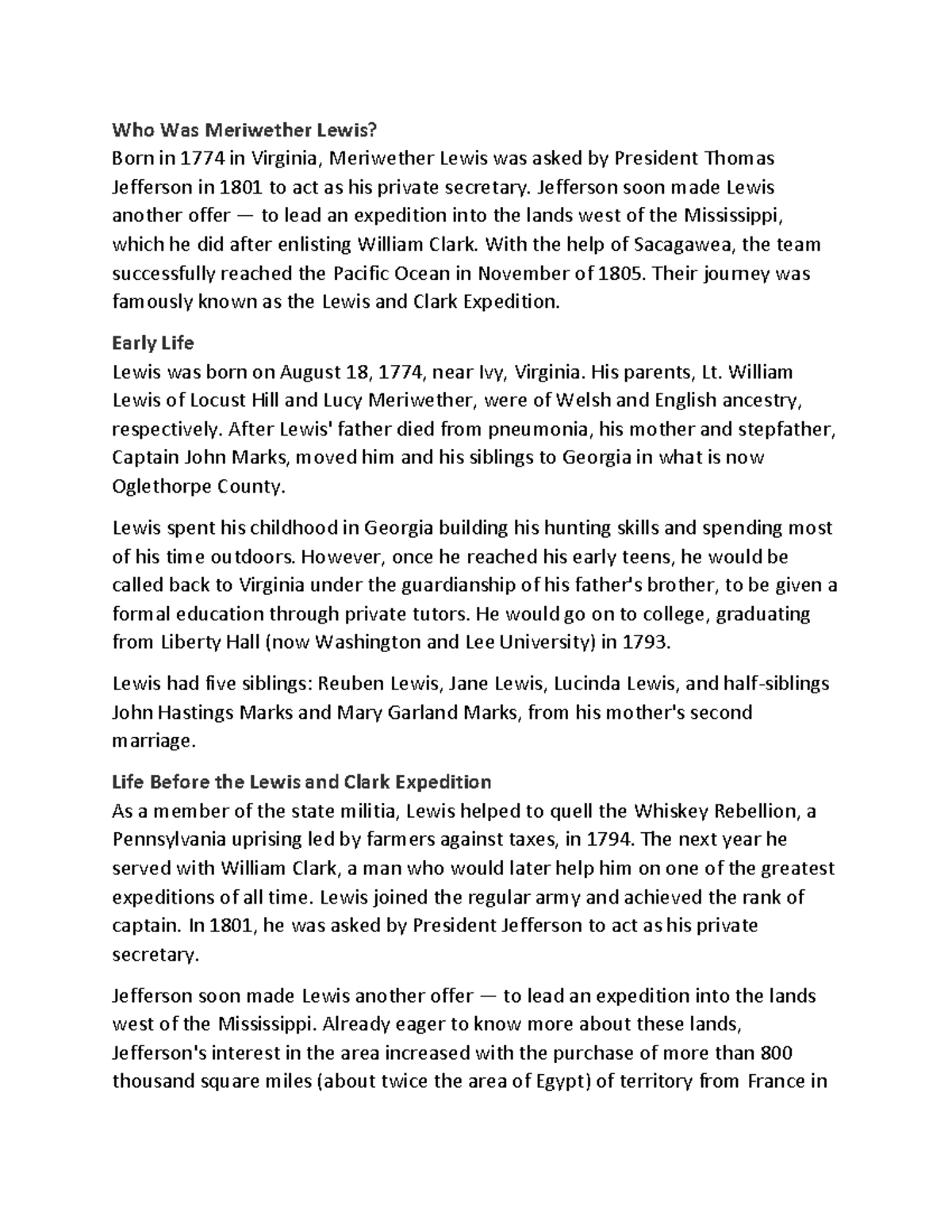 Meriwhether Lewis Notes - Who Was Meriwether Lewis? Born in 1774 in ...