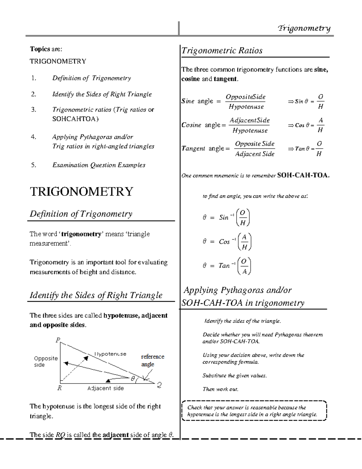 Trig-Assignment - Mathematics - Trigonometry - Topics are: TRIGONOMETRY ...