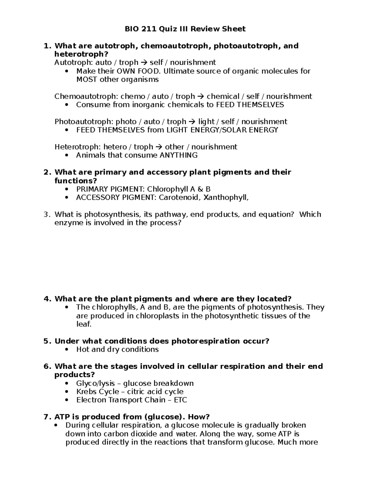 Quiz 3 Review Sheet - BIO 211 Quiz III Review Sheet What are autotroph ...
