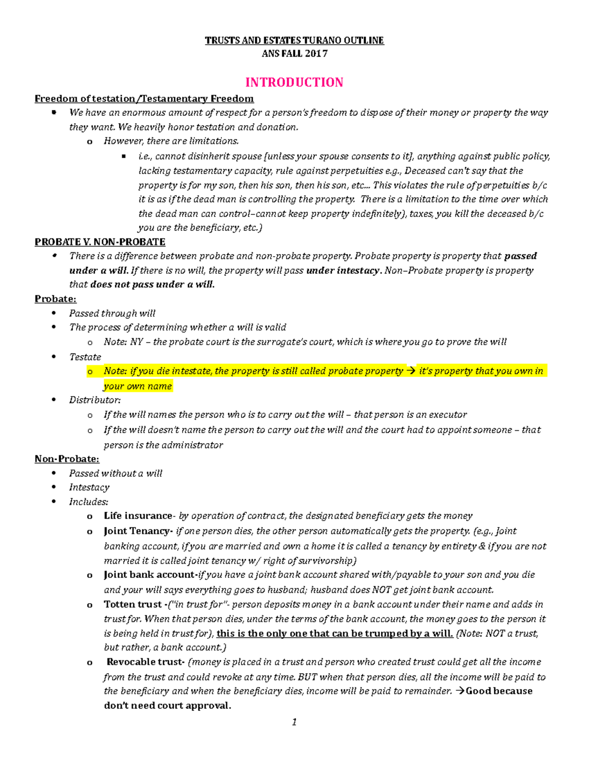 Trust Estates Lecture Questions and Hypos Full 2020 Outline SJU ...