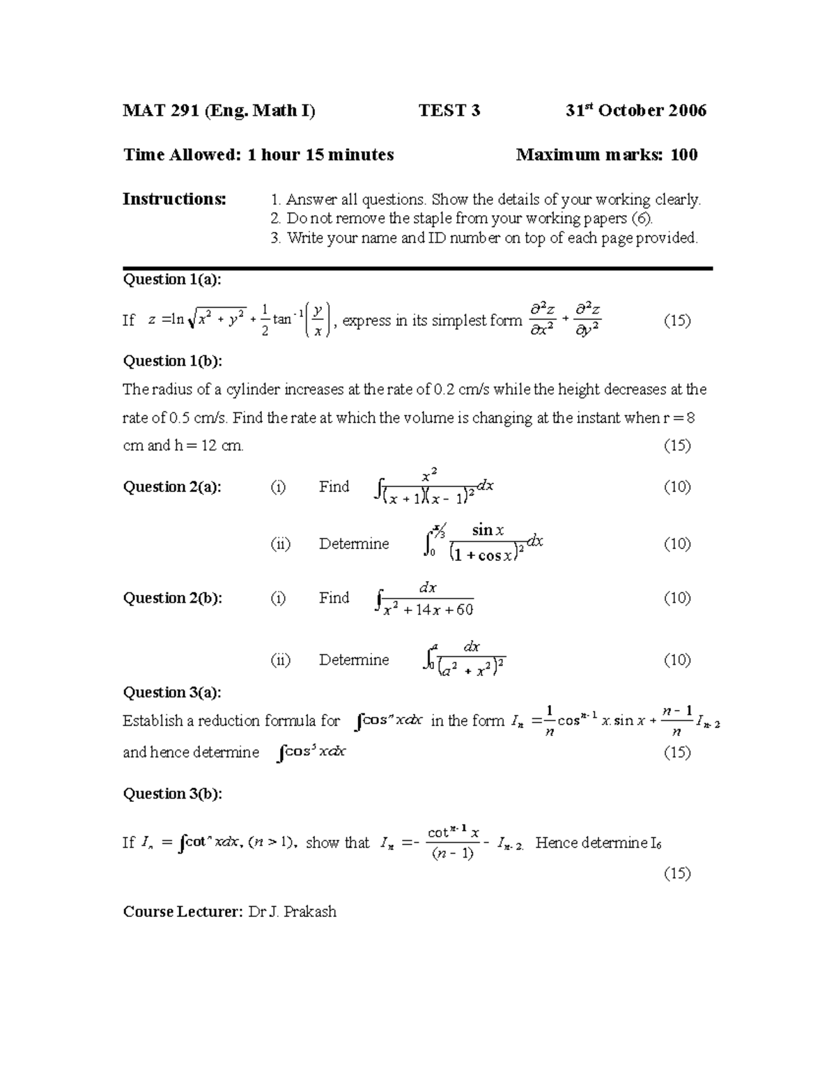 MAT 291(Test 3) paper - Engineering Mathematics - UB - Studocu