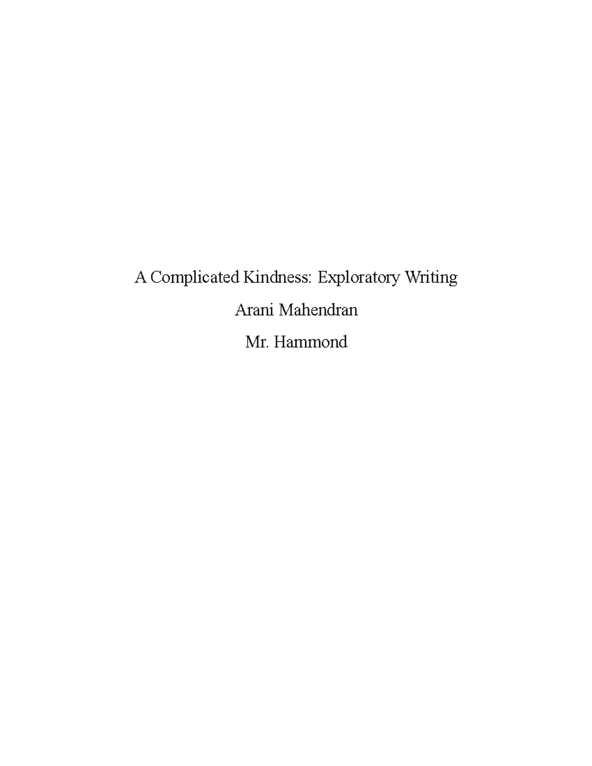 A Complicated Kindness - Hammond A Complicated Kindness: Exploratory ...