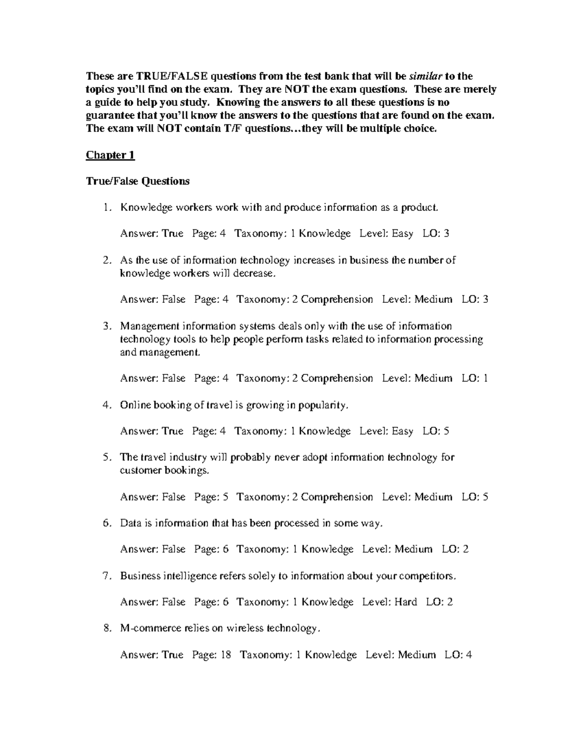 Sampletest 1 - Sample test - These are TRUE/FALSE questions from the ...