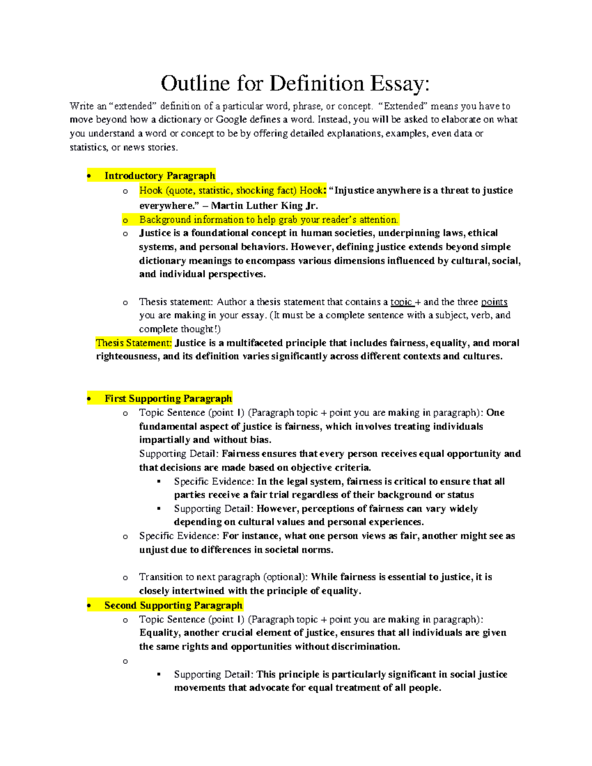 Outline for Definition Essay - Outline for Definition Essay: Write an ...