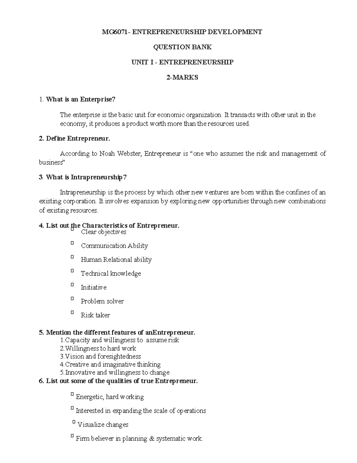 Question Bank -Enterpreneurship Development - ENTREPRENEURSHIP ...