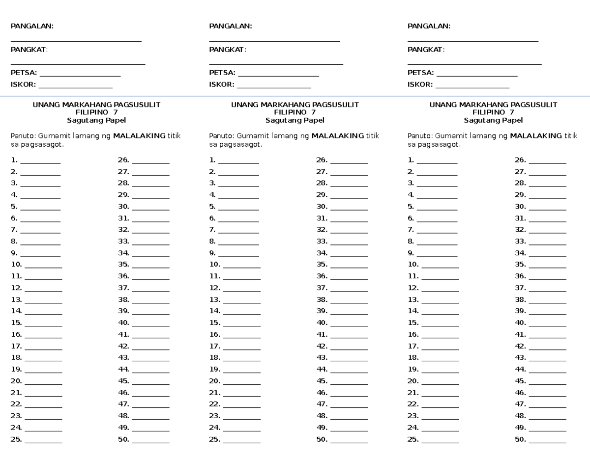 Answer Sheet FIL 7 - PANGALAN ...
