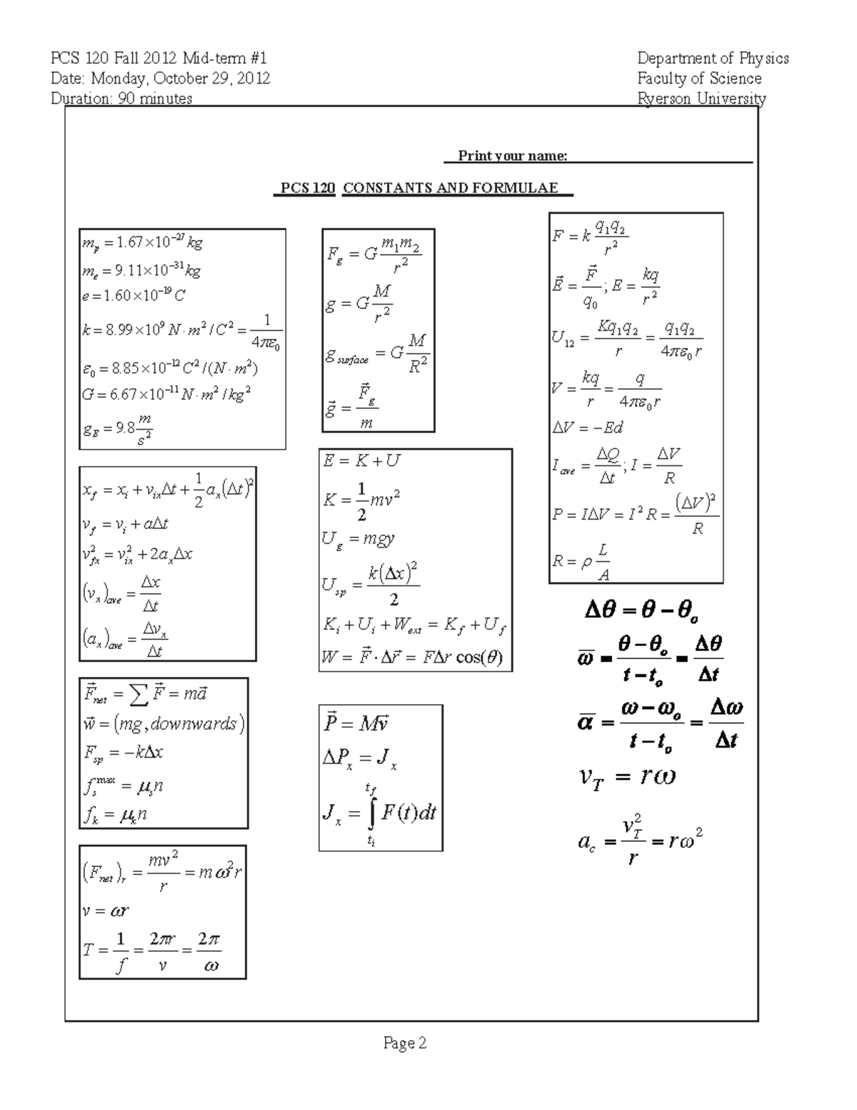 PCS120 Formula Sheet - Page 2 PCS 120 Fall 2012 Mid-term # Date: Monday ...