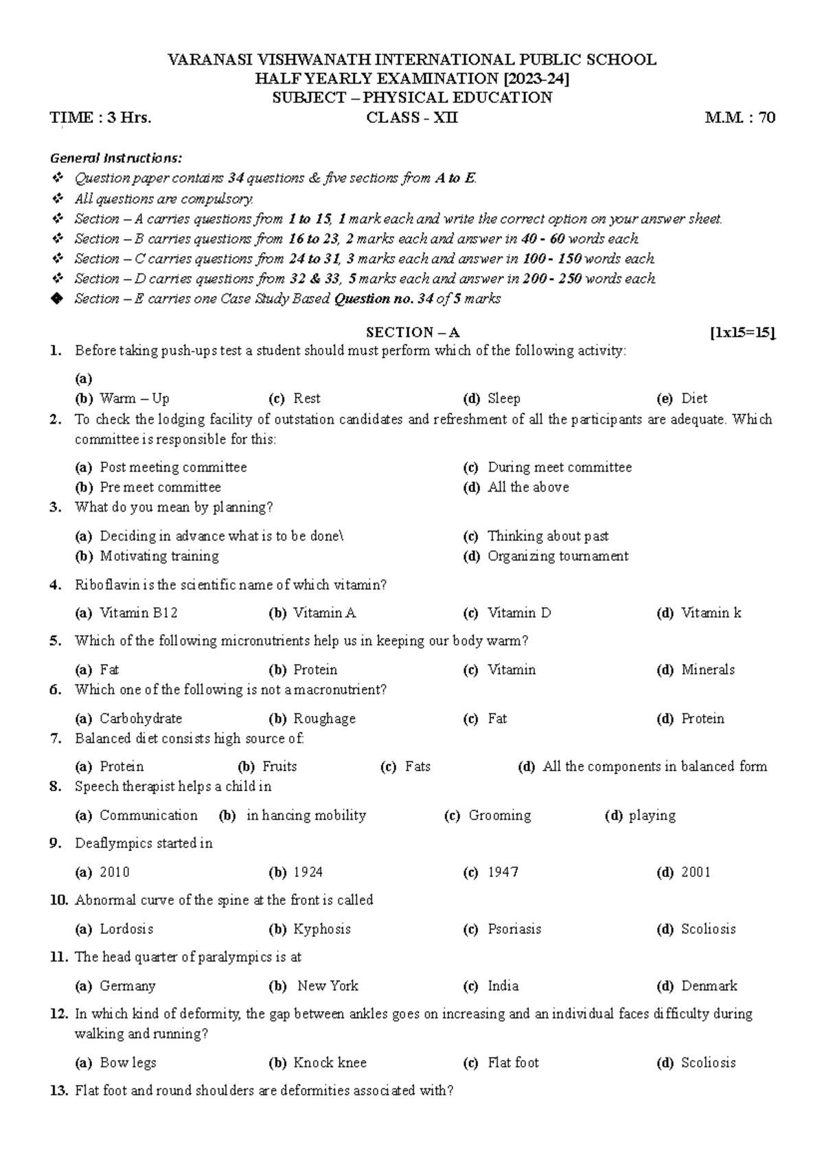 XII P.Ed - exam paper - VARANASI VISHWANATH INTERNATIONAL PUBLIC SCHOOL ...