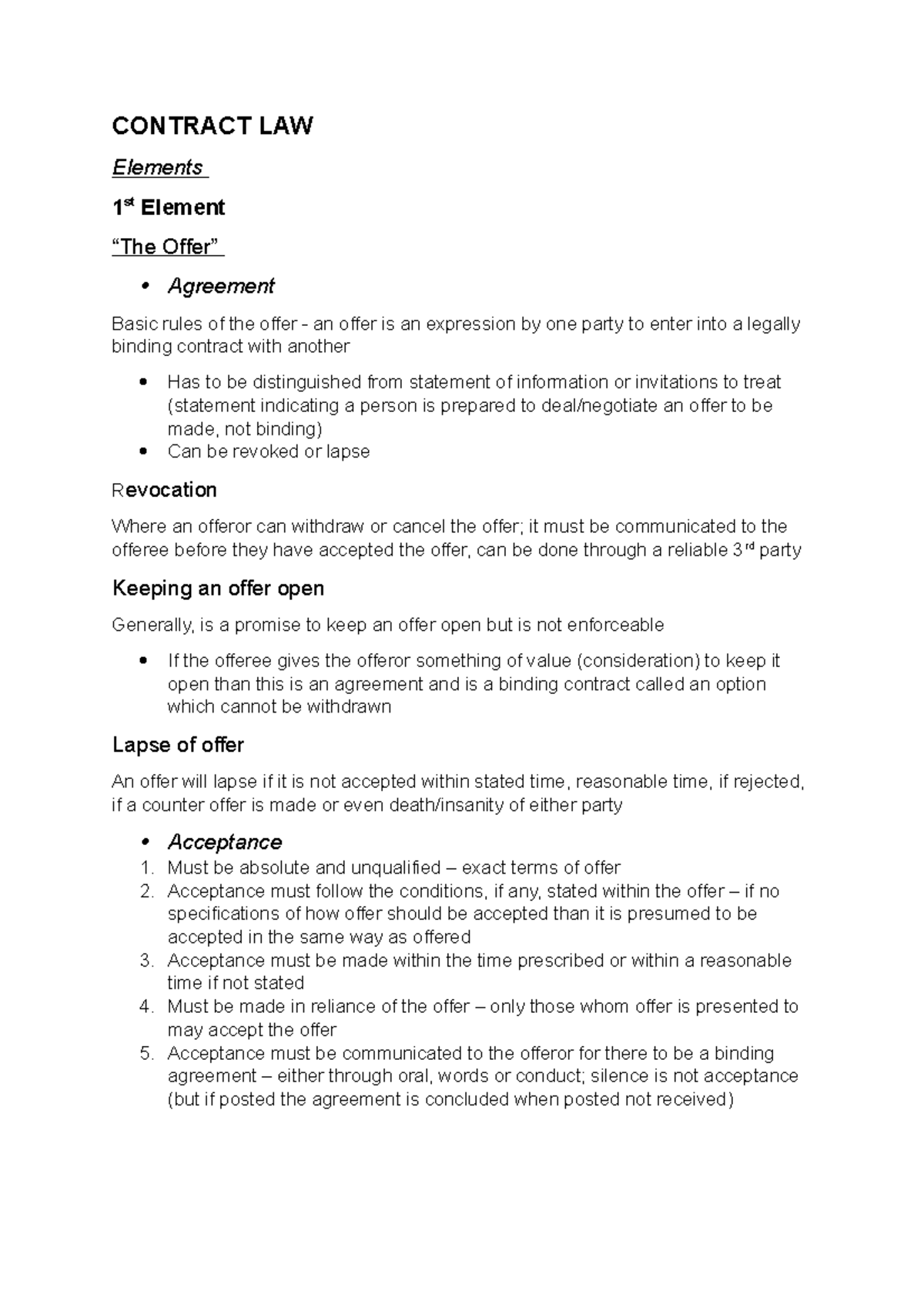 Contract law elements - NOTES - CONTRACT LAW Elements 1 st Element “The ...