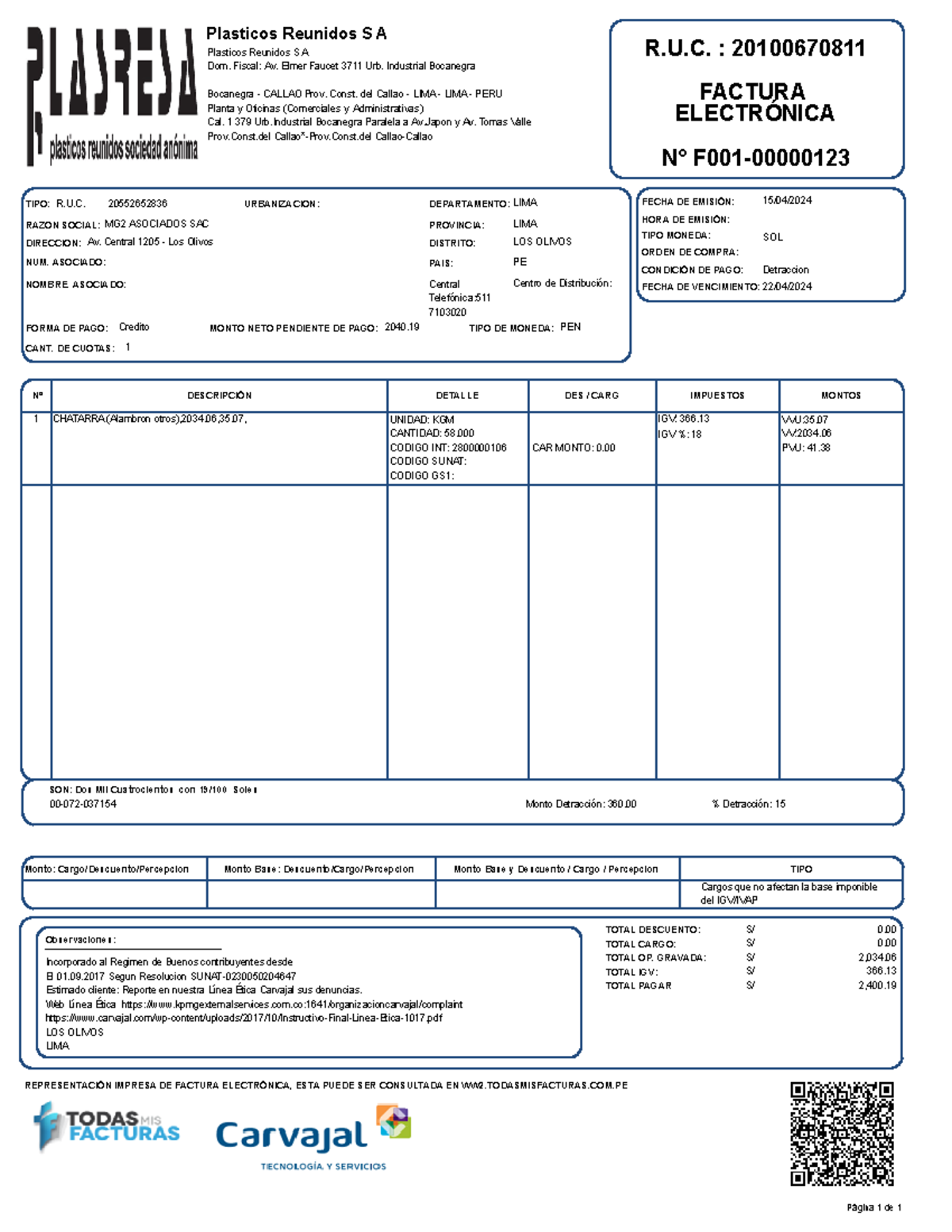 2010 0670811 FA F001 00000123 - R.U. : 20100670811 FACTURA ELECTRÓNICA ...