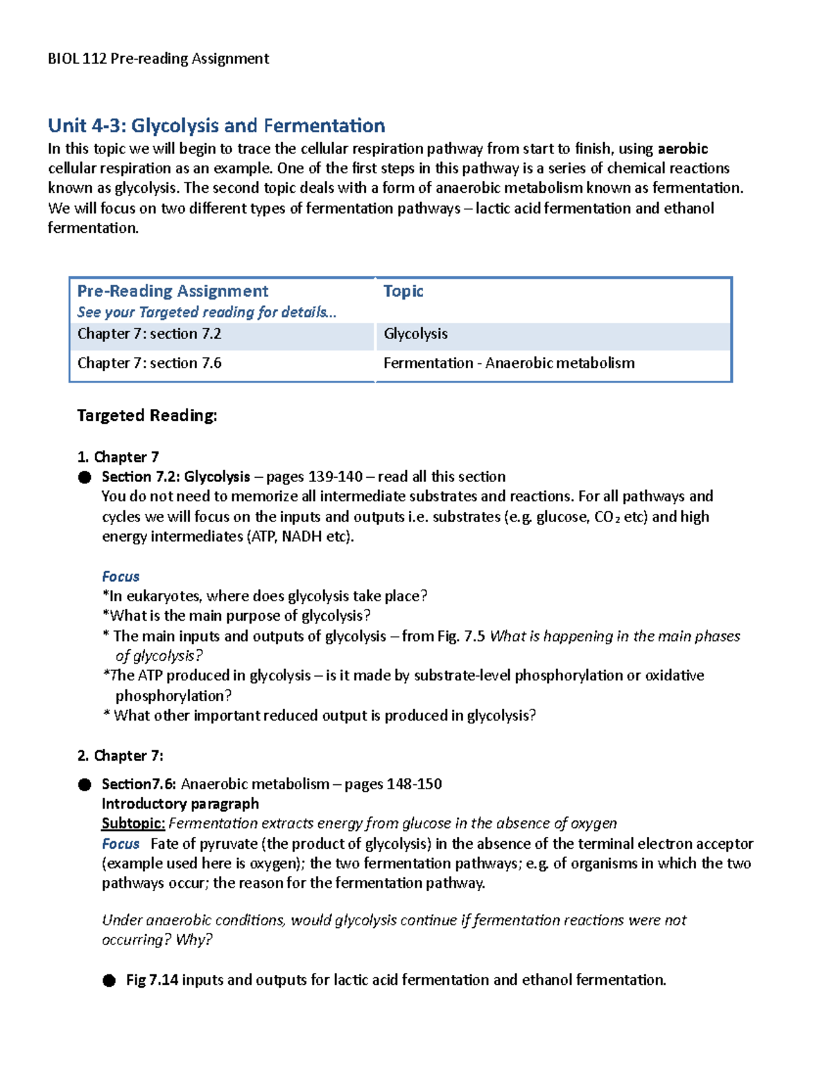 4.3 TRG Glycolysis Fermentation (3ed) Student - BIOL 112 Pre-reading Assignment Unit 4-3 ...