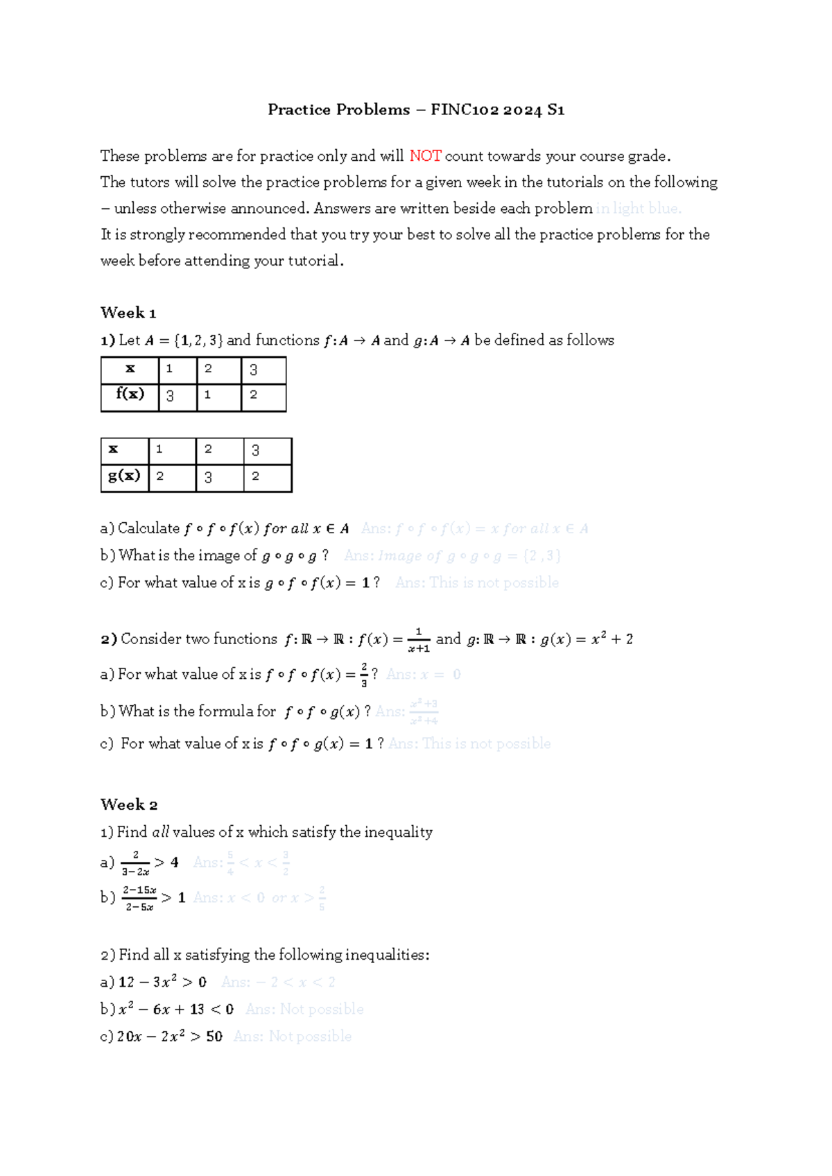 Practice Problems 2024 - Practice Problems – FINC102 202 4 S 1 These ...