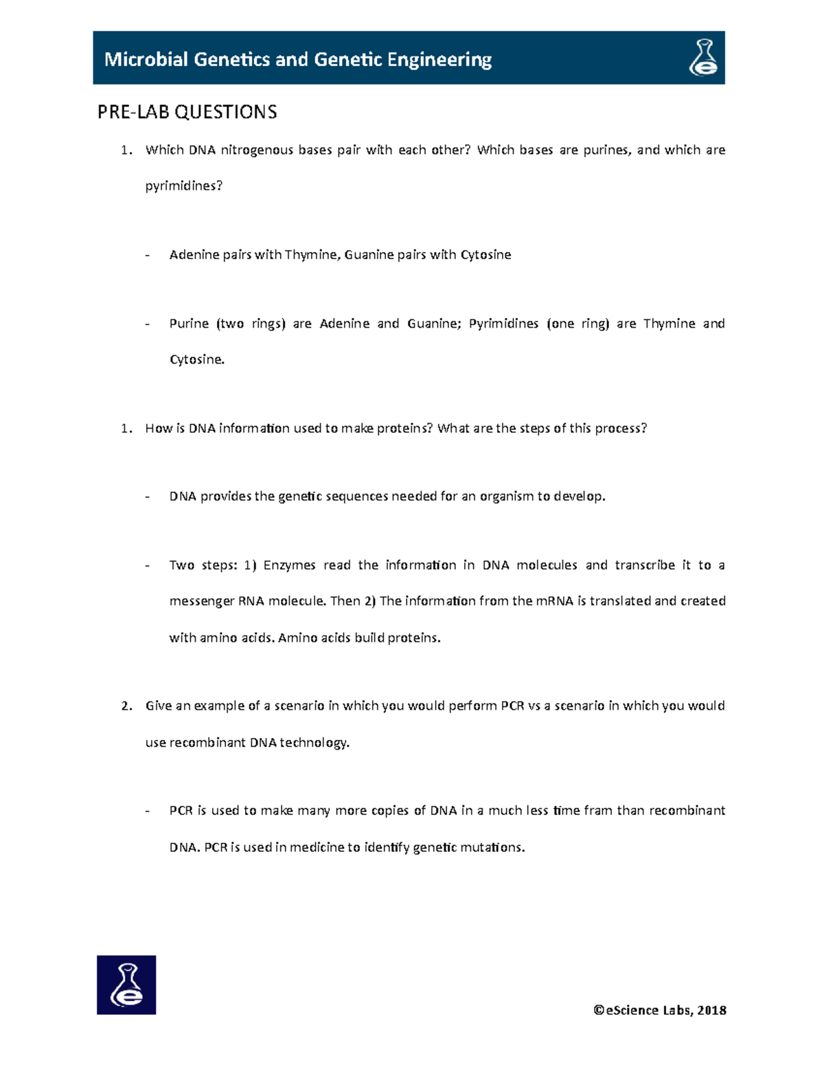 Lab Workbook- Microbial Genetics - PRE-LAB QUESTIONS Which DNA ...