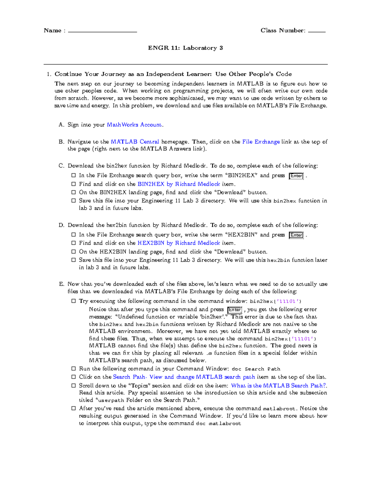 Laboratory 3 - Lab 3 incomplete assignment - Name : Class Number: ENGR ...