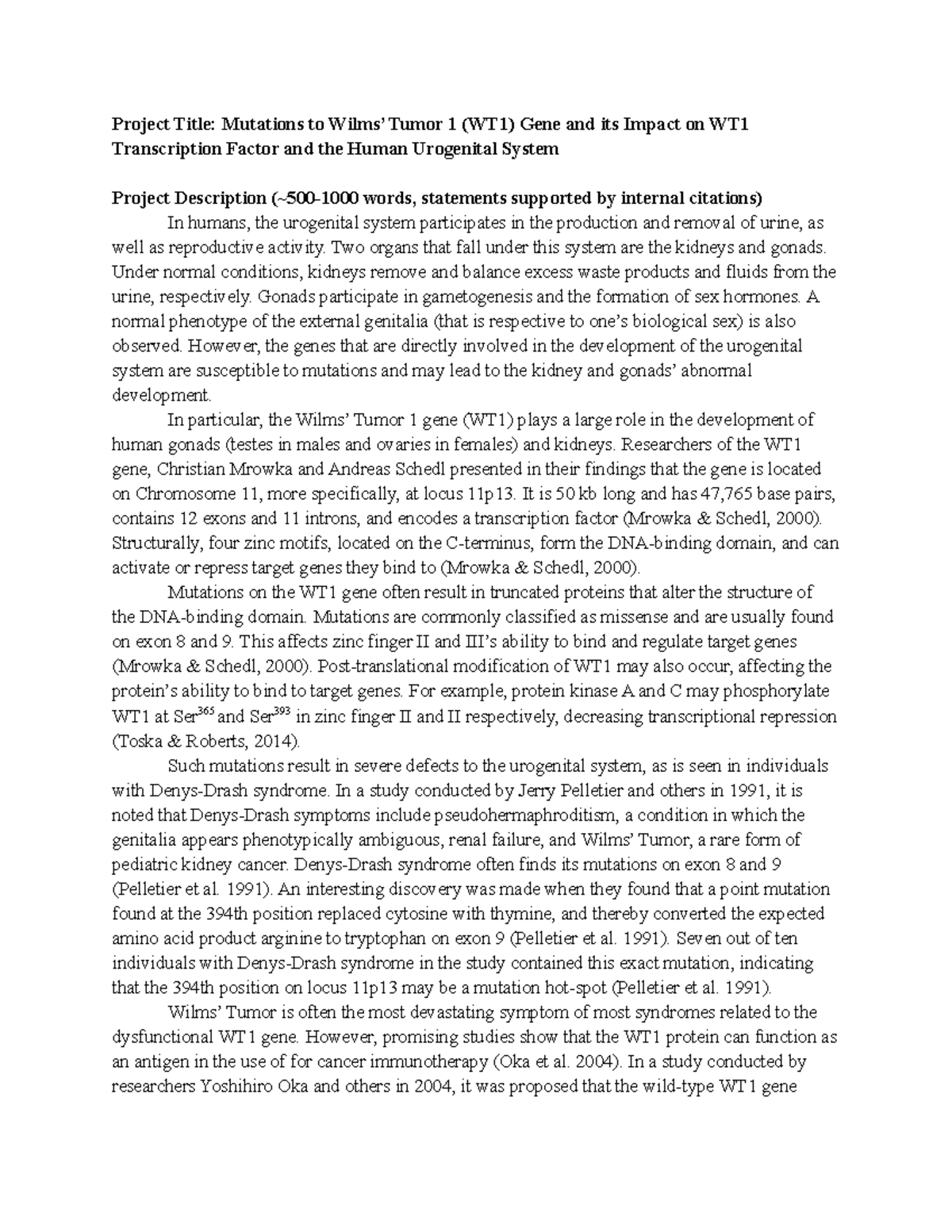 BIOL 282 Expert Essay Draft-2 - Project Title: Mutations to Wilms ...