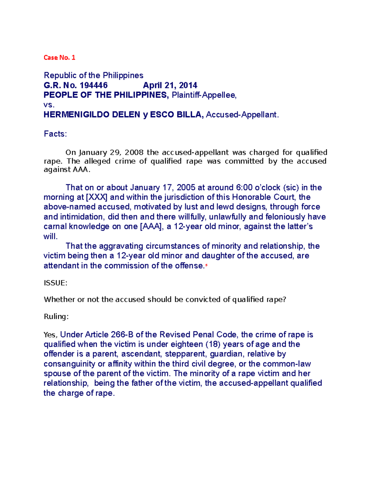 313369528 Criminal Case Digest - Case No. 1 Republic of the Philippines ...