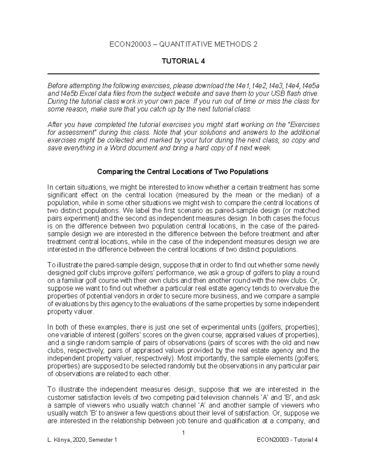 Tutorial 4 Questions Warning Tt Undefined Function 32 1 Econ20003 Quantitative Methods