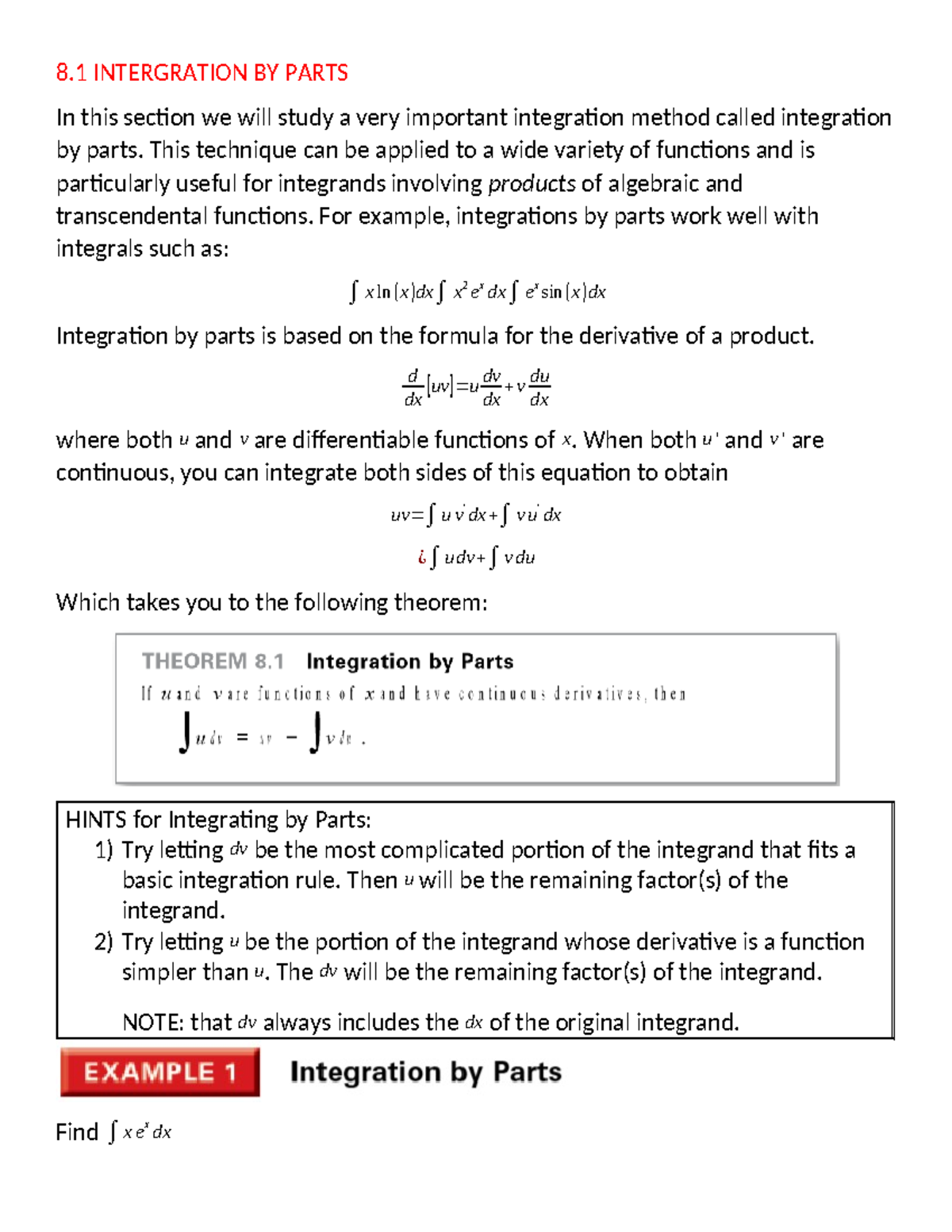 8.1 Integration by Parts - 8 INTERGRATION BY PARTS In this section we ...