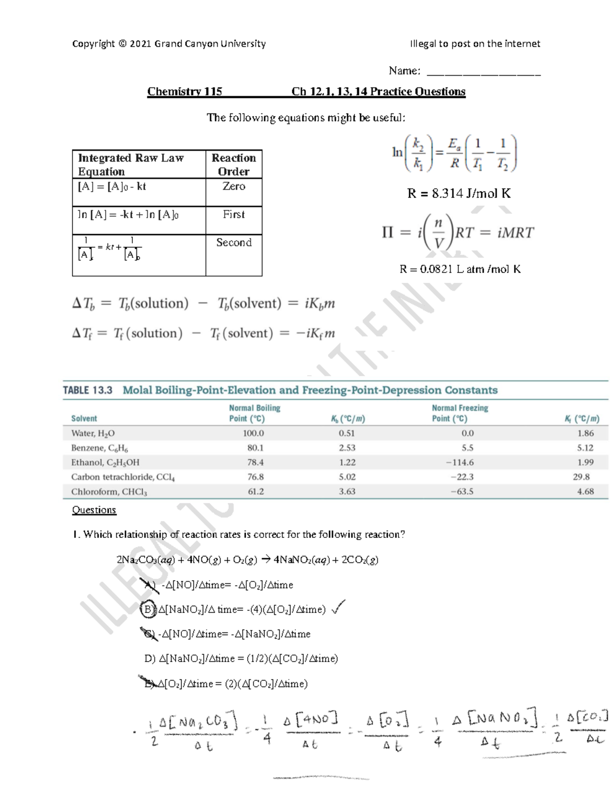 Ch 12.1 13 14 Practice Questions SP2023 Final - Name: ___________________ Chemistry 115 Ch 12 ...