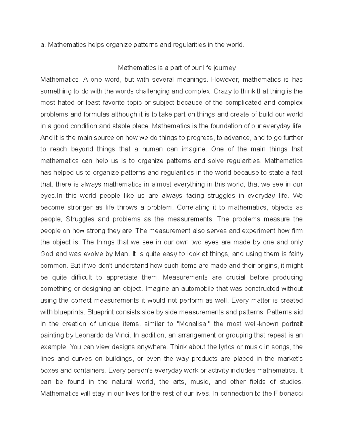 Culminating Activity- MMW - a. Mathematics helps organize patterns and ...