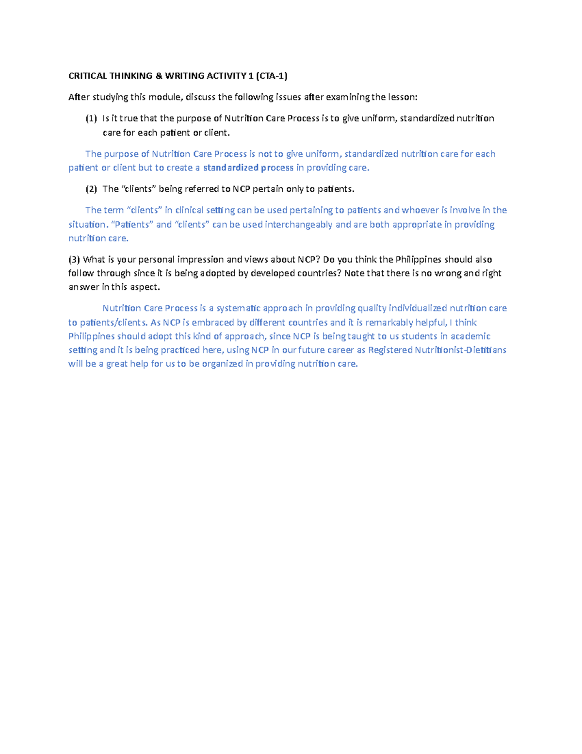 Chpt-1 - Critical Thinking - CRITICAL THINKING & WRITING ACTIVITY 1 ...