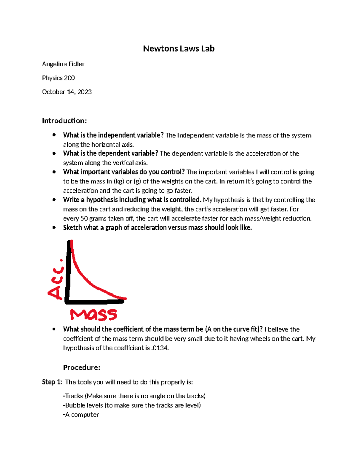 Physics project - Formal Lab report - Newtons Laws Lab Angelina Fidler ...