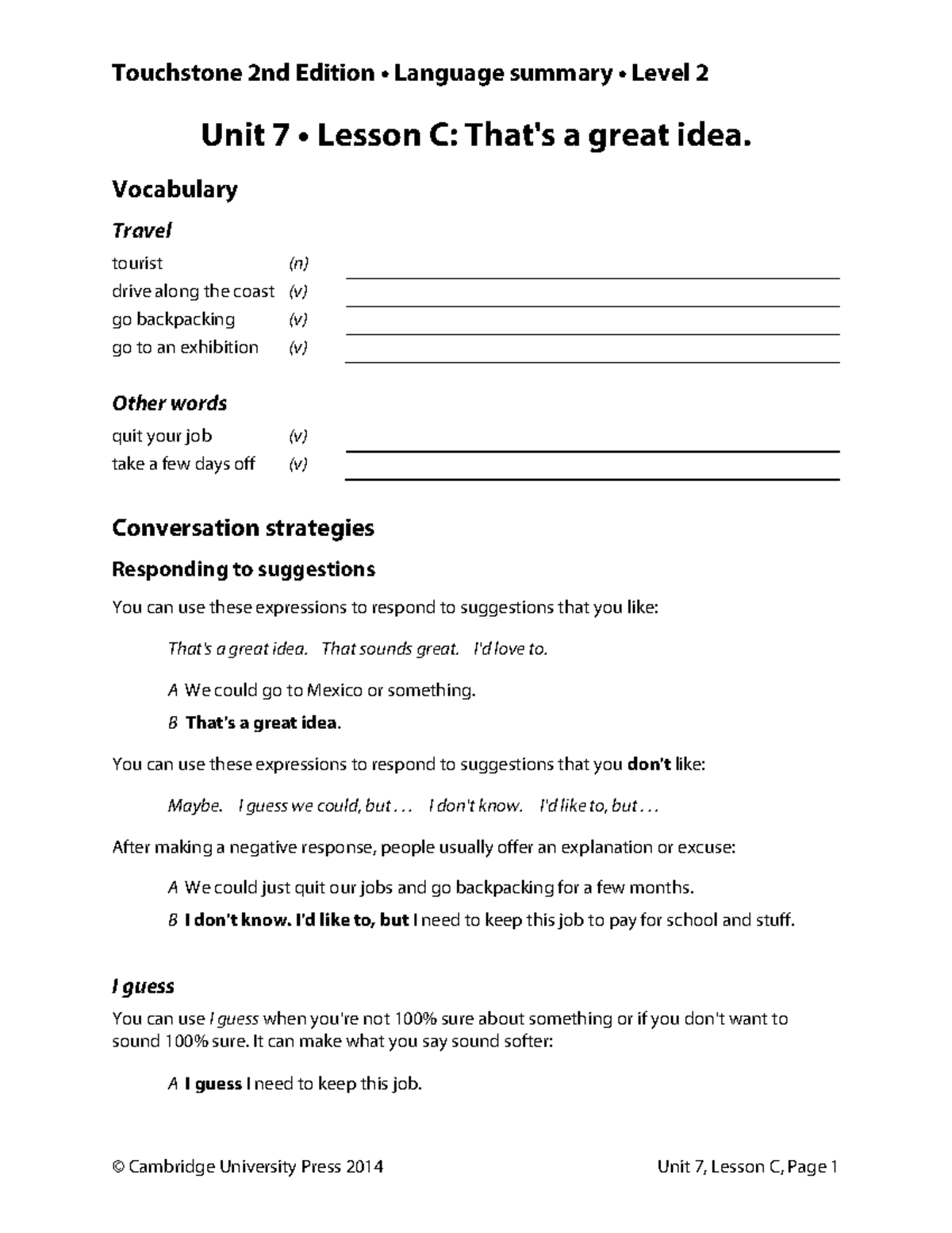 TS2e L2 U8 LC Langsum 2022 - Touchstone 2nd Edition • Language summary • Level 2 Unit 7 • Lesson ...