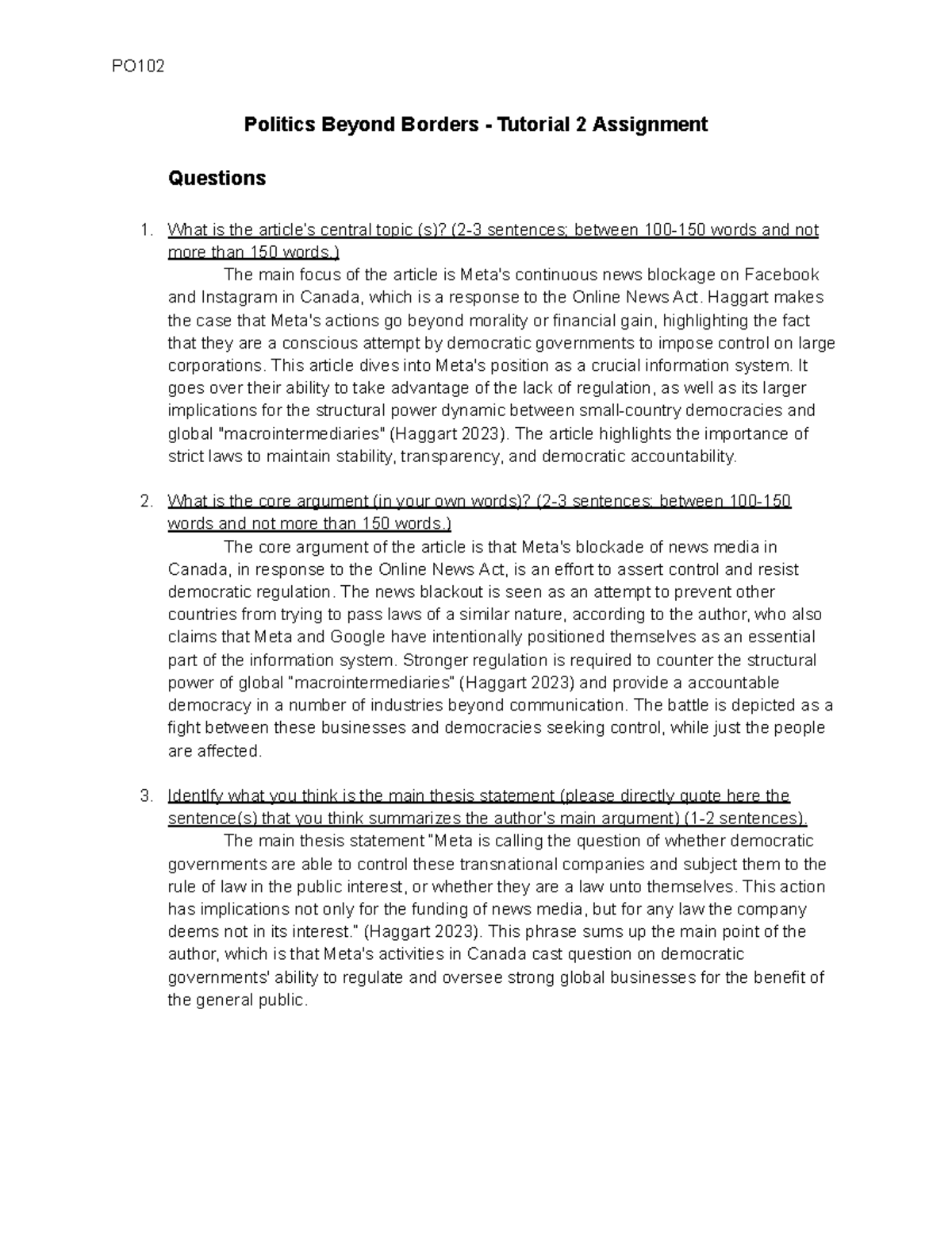 PO102- Tutorial 2 Assignment - PO Politics Beyond Borders - Tutorial 2 ...