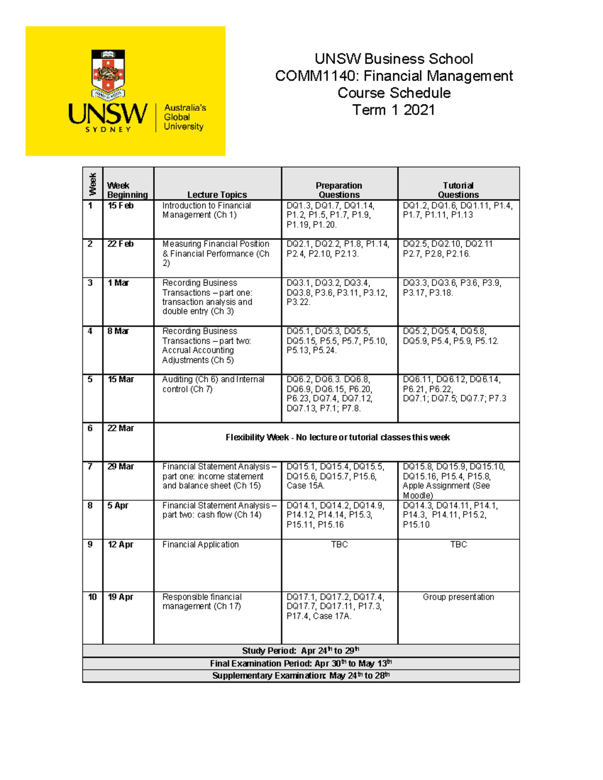 Course Schedule and Tutorial Questions - Week Week Beginning Lecture ...