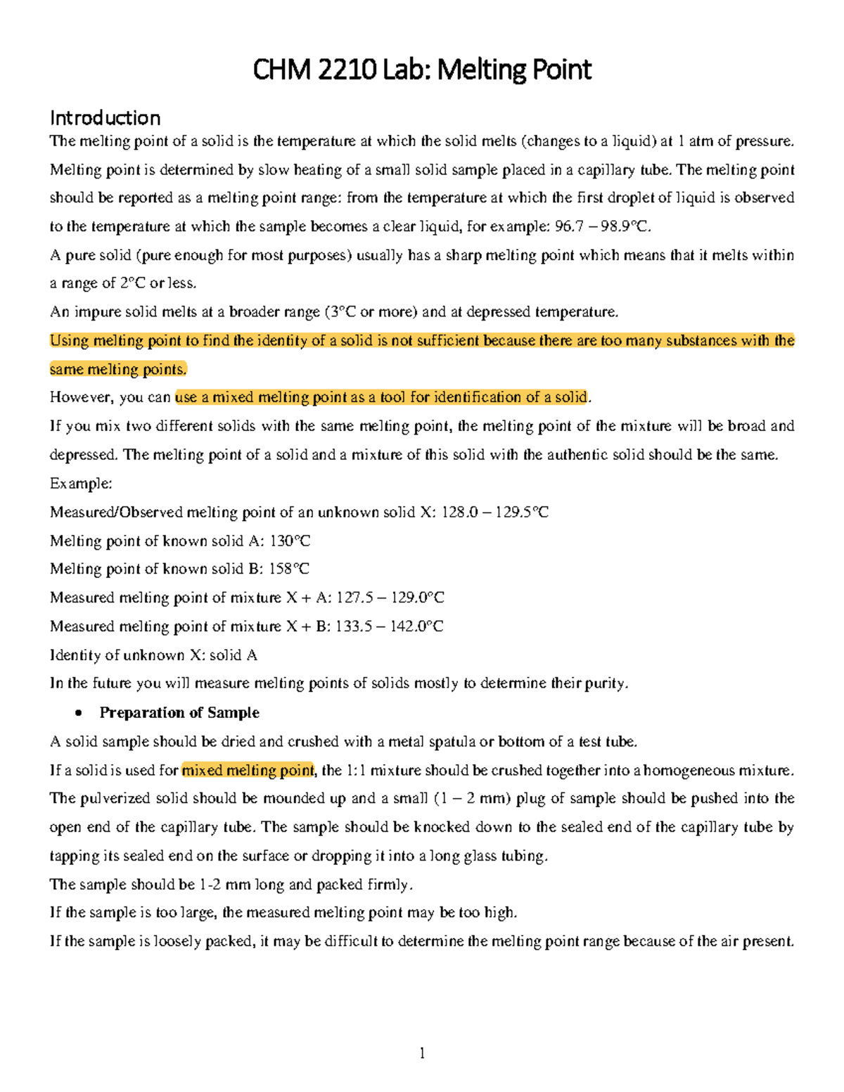 Melting Point Lab Instructions - CHM 2210 Lab: Melting Point ...